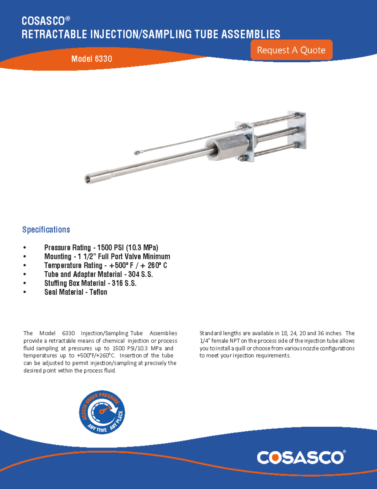 6330 Retractable Injection Sampling Tube Assemblies - COSASCO ...