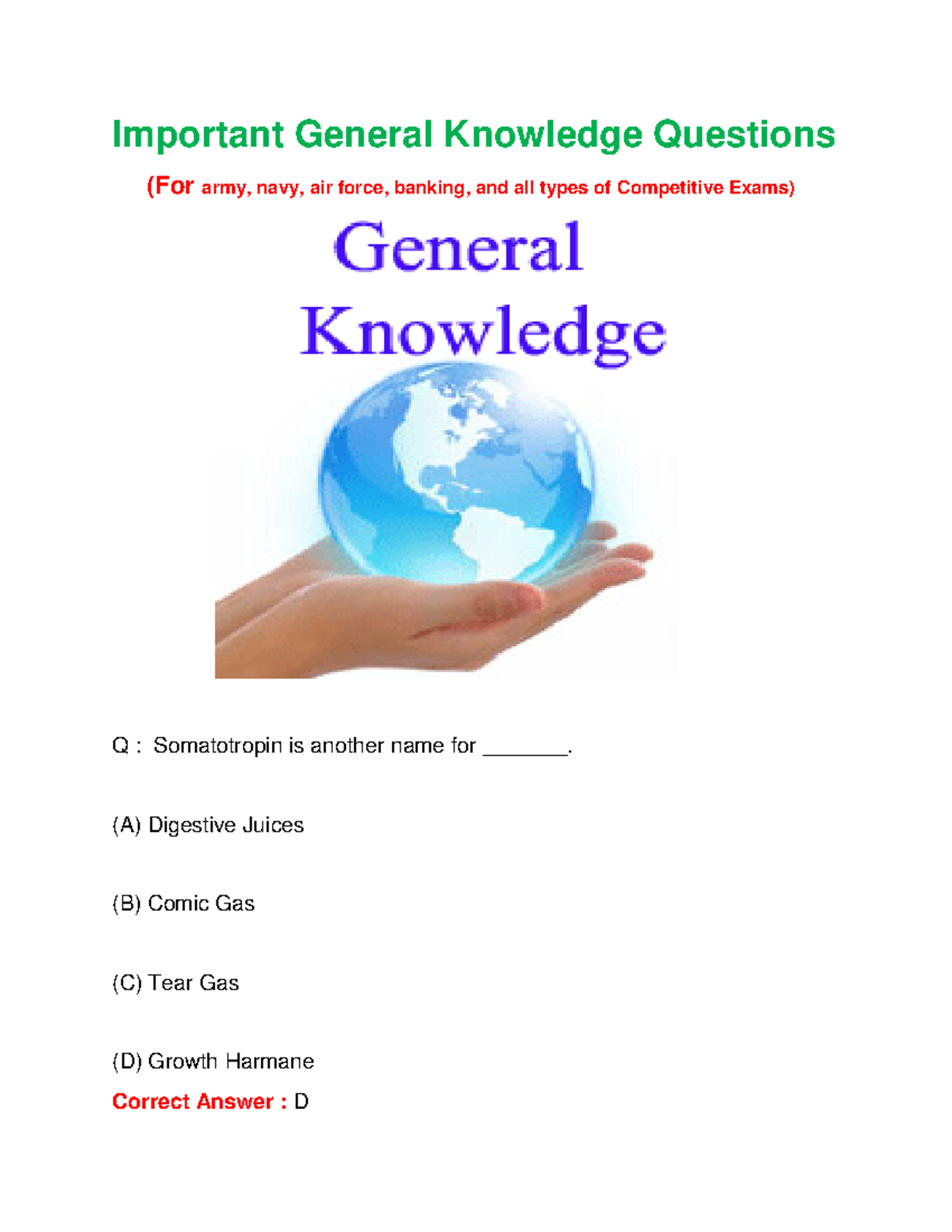 Important General Knowledge Questions for army, air force, RRB, and all ...