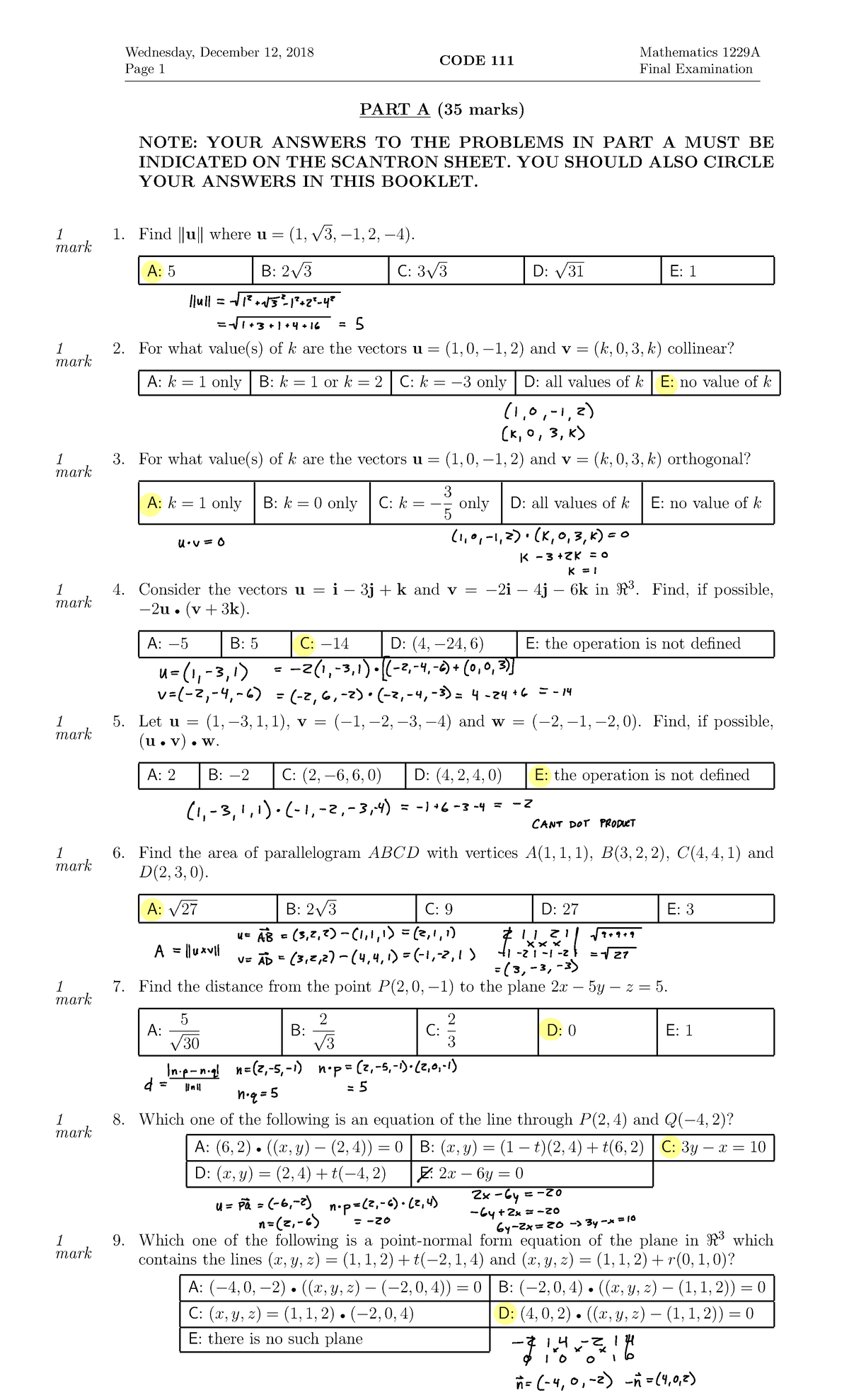 2018 Final EXAM Filled out - Wednesday, December 12, 2018 Page 1 CODE ...
