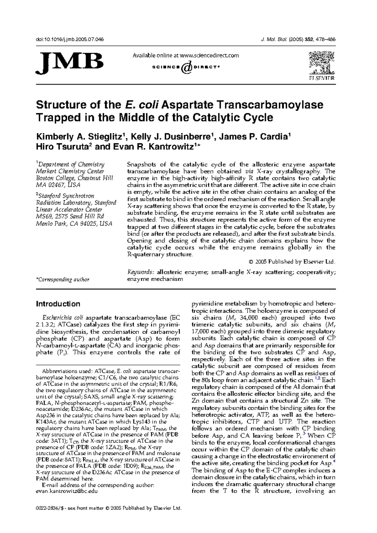 Steiglitz Atcase Paper 2005 Structure Of The E Coli Aspartate