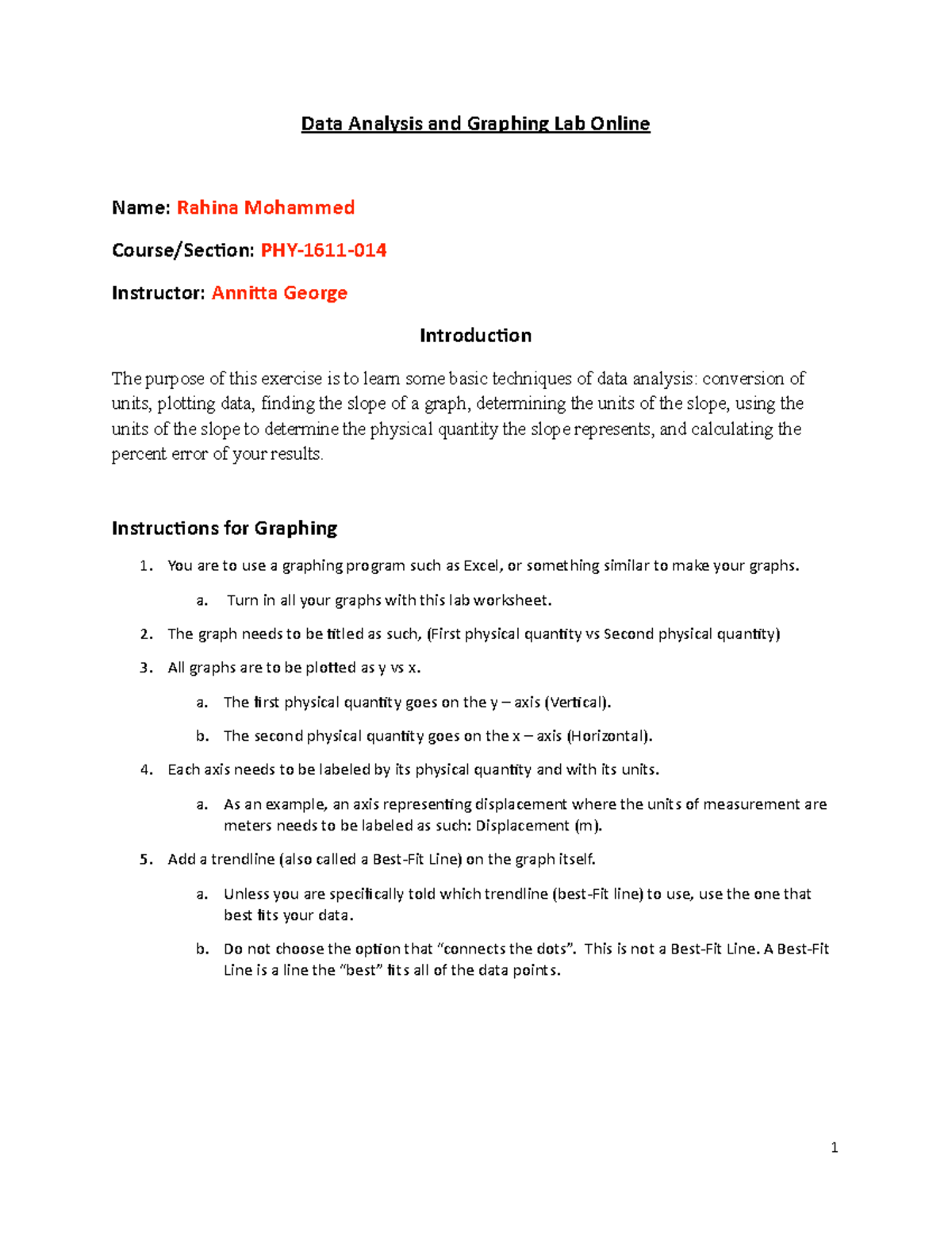 Data Analysis and Graphing- Rahina Mohammed - Data Analysis and ...