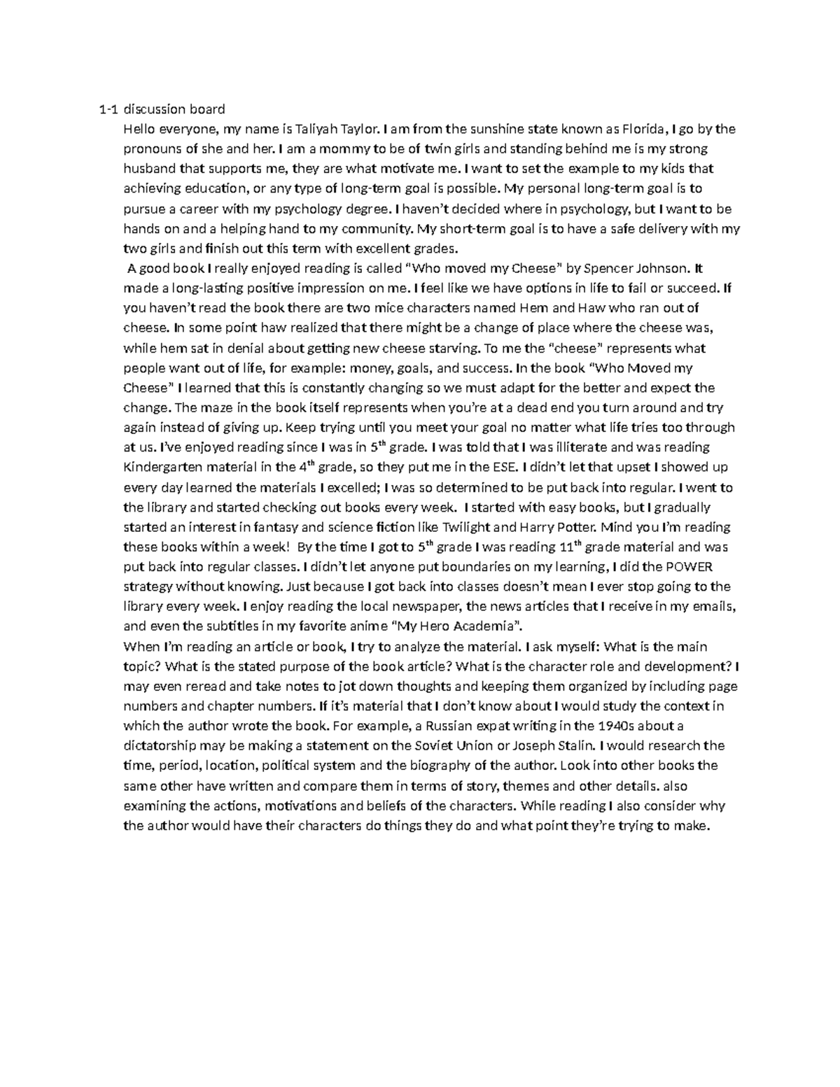 Stats discussion board - 1-1 discussion board Hello everyone, my name ...