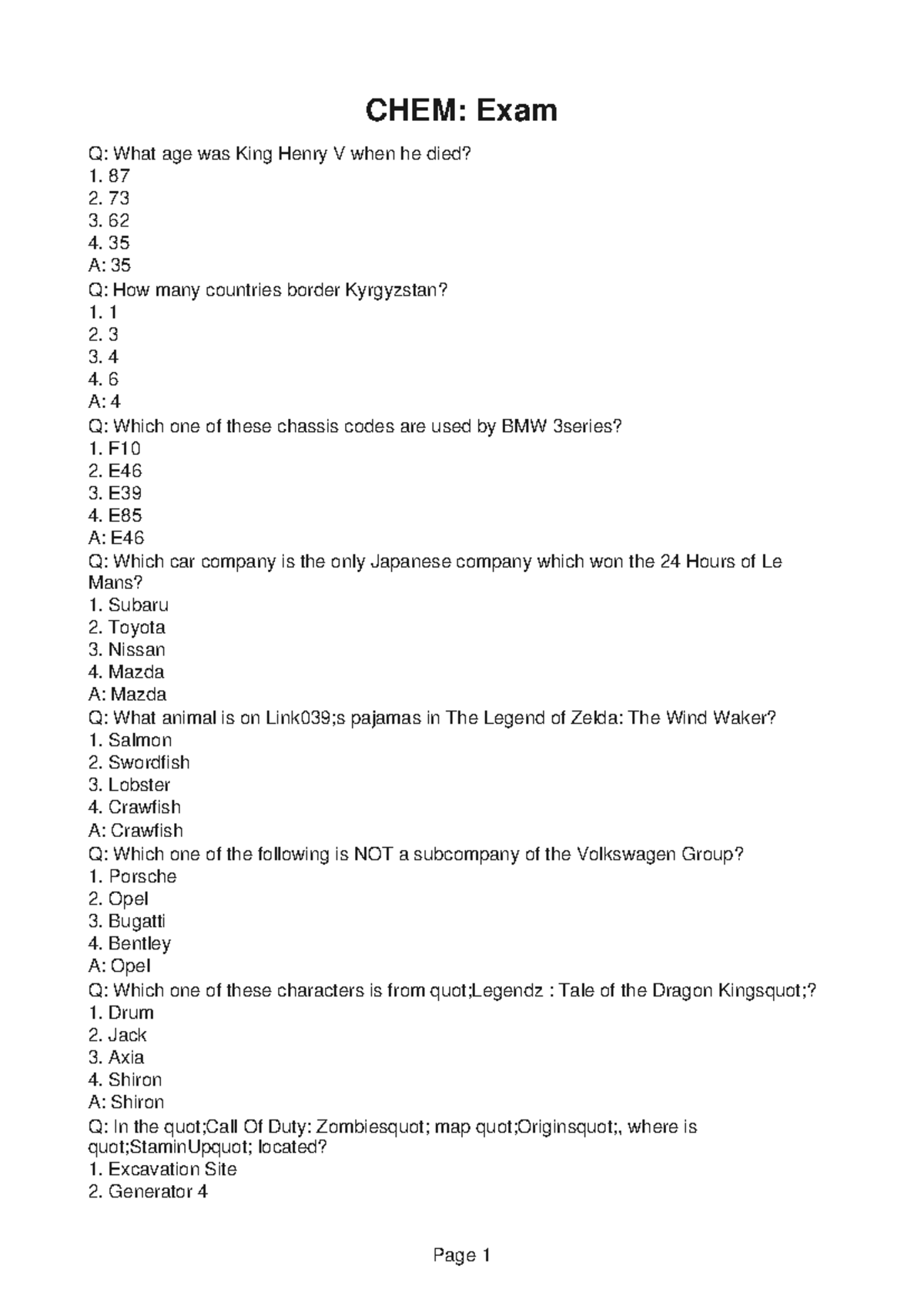 CHEM239 Progress Report 4 - CHEM: Exam Q: What age was King Henry V ...