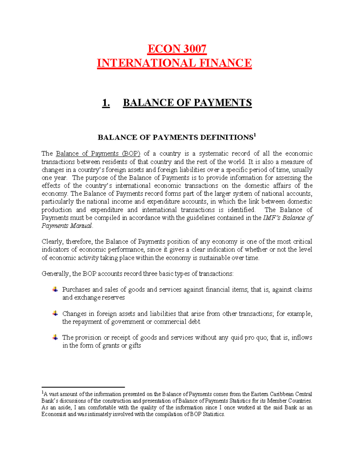 BalanceofPayments - ECON 3007 INTERNATIONAL FINANCE 1. BALANCE OF ...