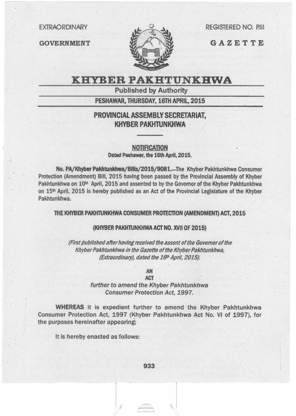 The Khyber Pakhtunkhwa Consumer Protection Amendment Act 2015 Act No ...