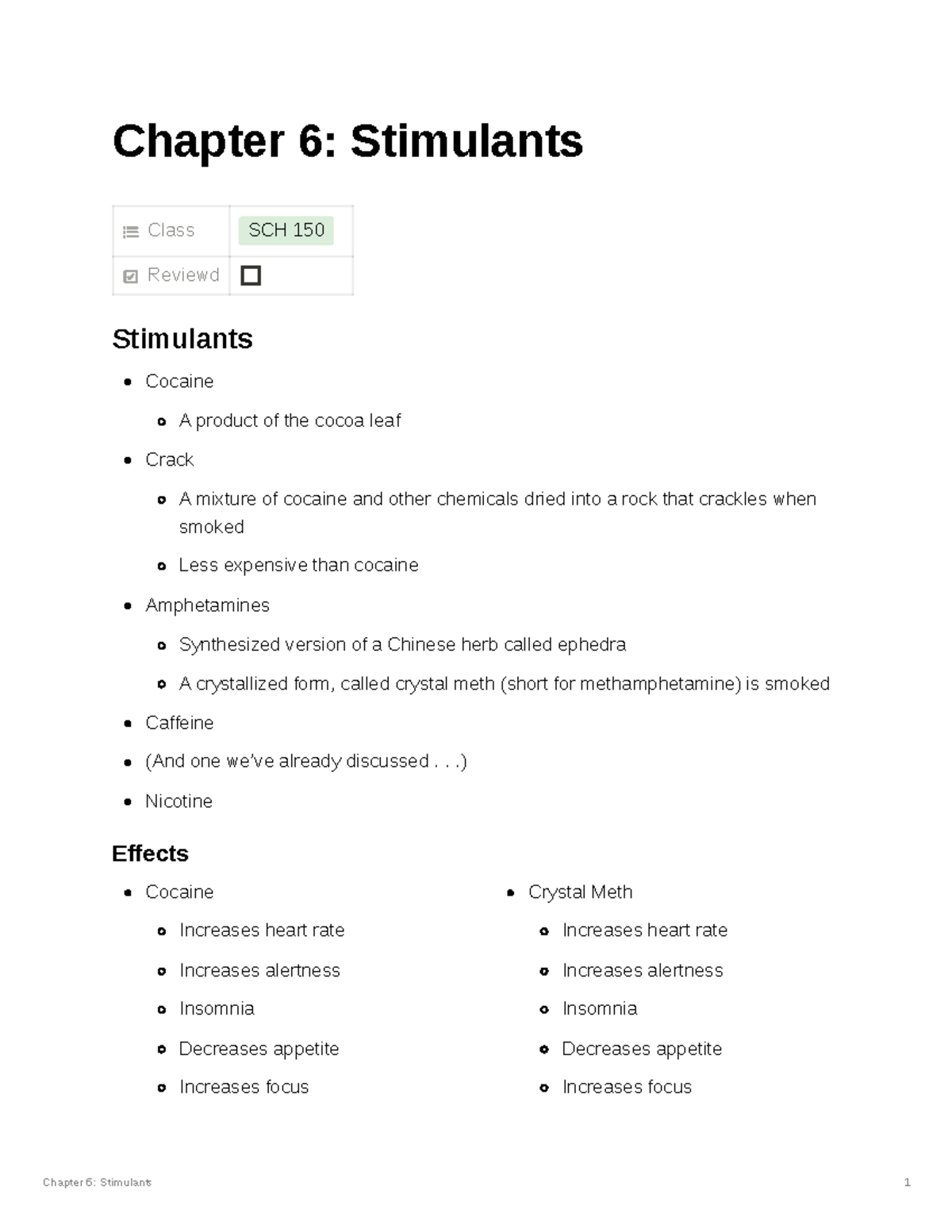 SCH 150 CHAPTER 6 - Stimulants - Chapter 6: Stimulants Class SCH 150 Reviewd Stimulants Cocaine ...