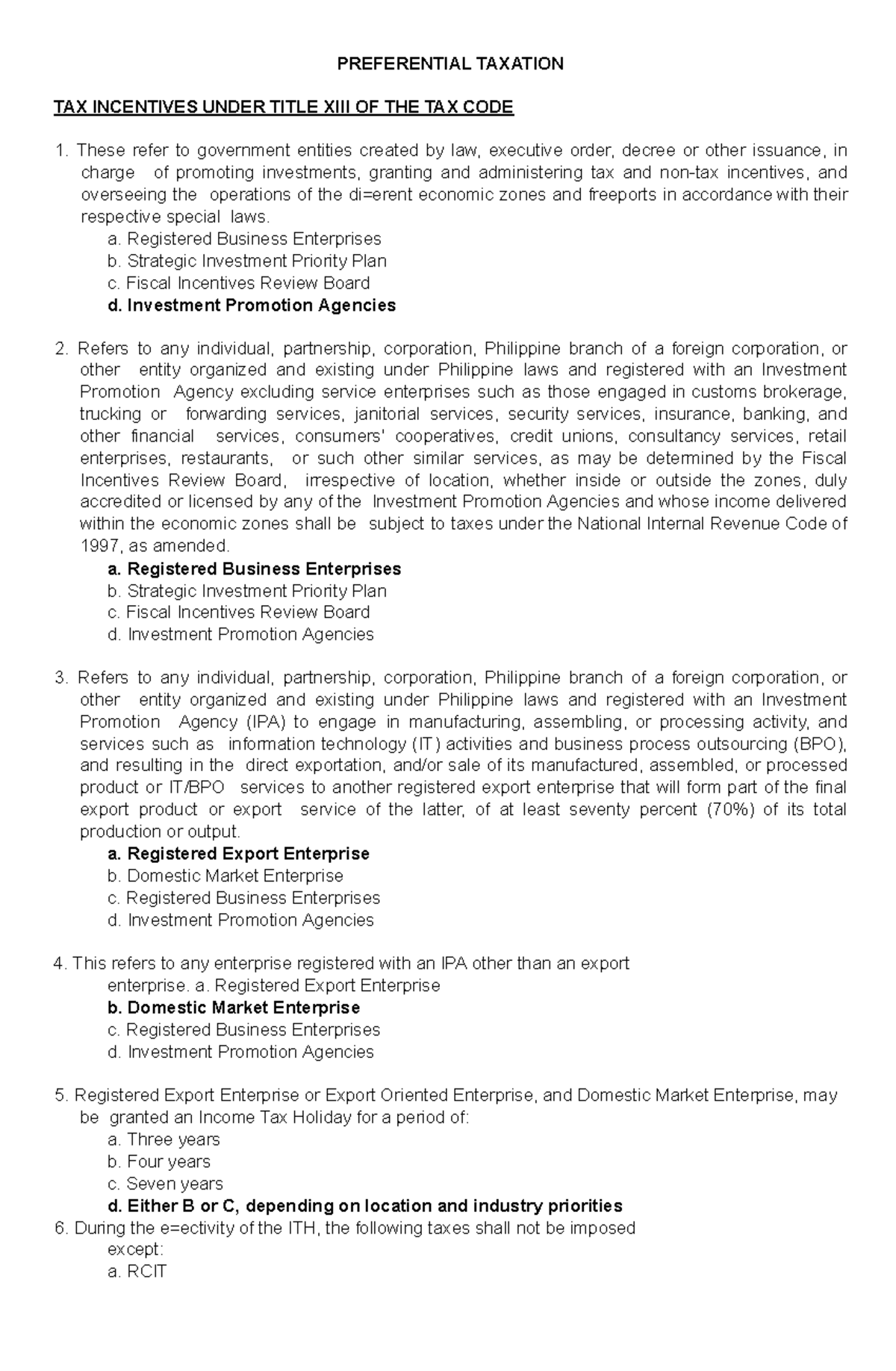 Create - Incentives MCQ pt 1 - PREFERENTIAL TAXATION TAX INCENTIVES UNDER TITLE XIII OF THE TAX ...
