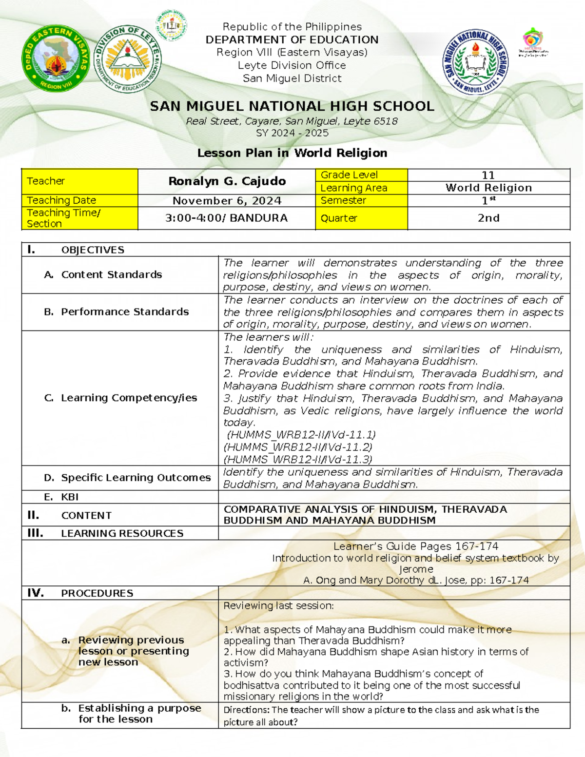Lesson Plan in World Religion - DEPARTMENT OF EDUCATION Region VIII ...