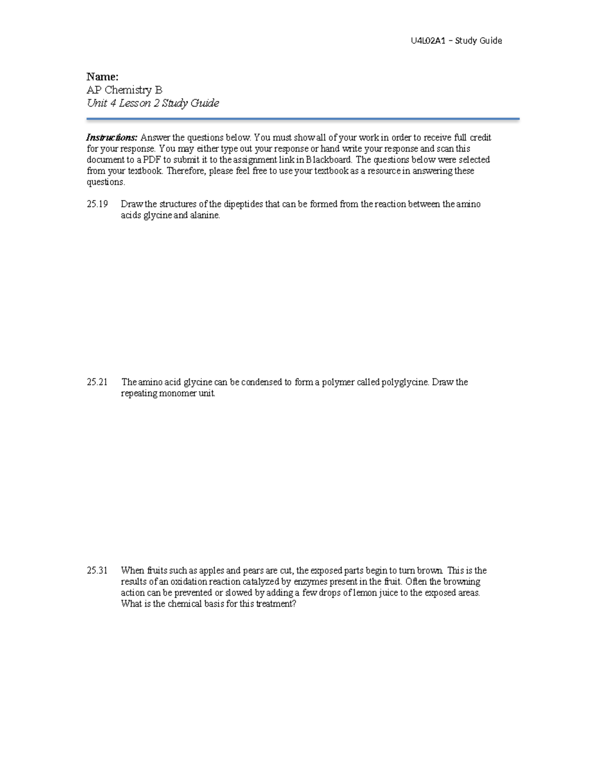 U4L02A1-Study Guide - U4L02A1 – Study Guide Name: AP Chemistry B Unit 4 ...
