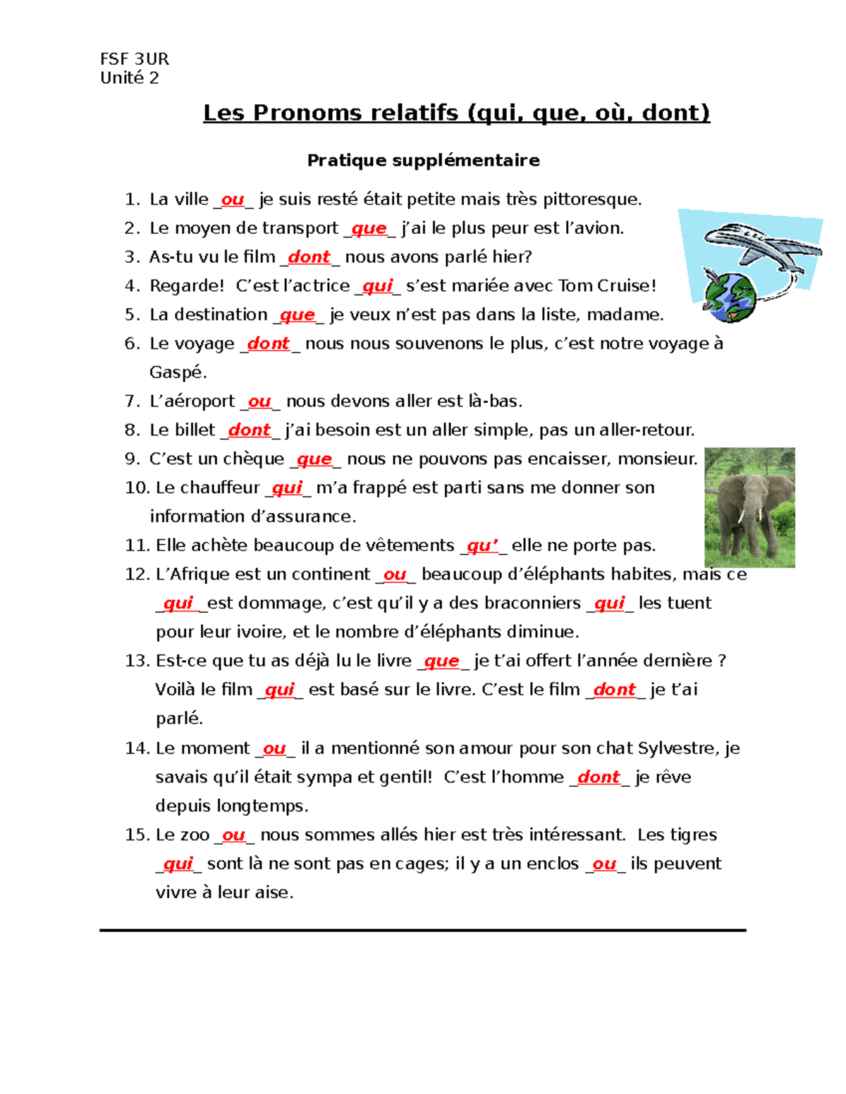 3U pronoms relatifs pratique suppl ment - FSF 3UR Unité 2 Les Pronoms ...
