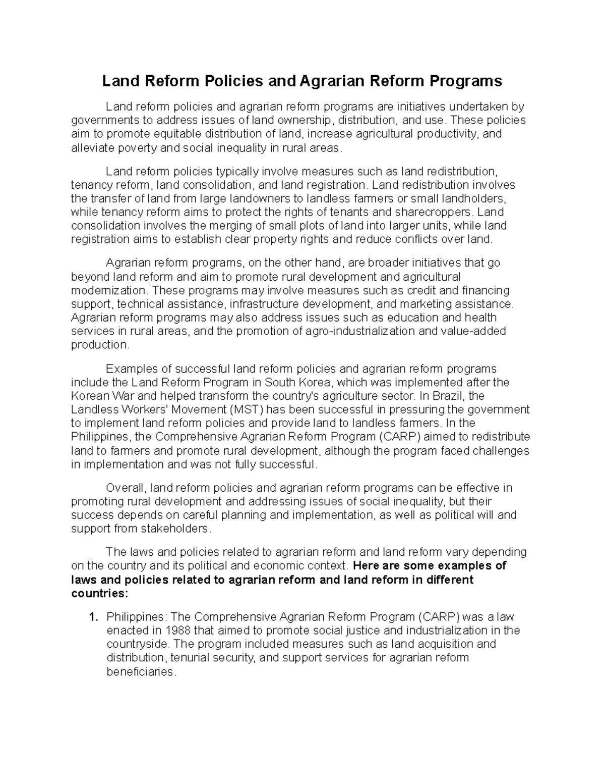 3 Land Reform Policies and Agrarian Reform Programs - These policies ...