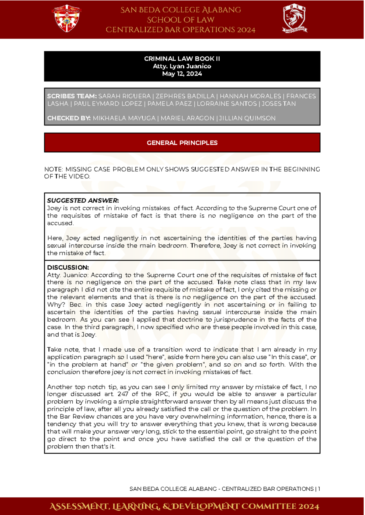 [04] SBCA-CBO BAR Lecture Notes 2024 - Criminal Law 2 (Atty. Lyan ...
