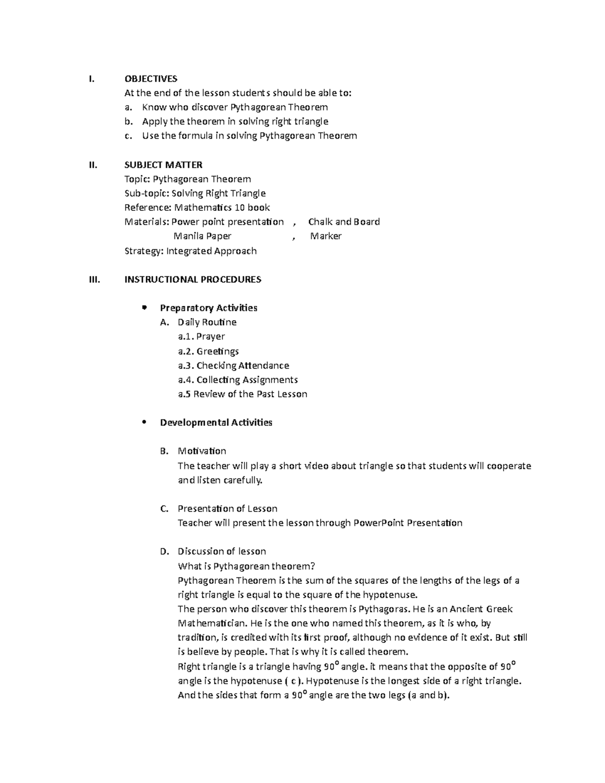 SEMI Pythagoras Lesson Plan 2060390902 - I. OBJECTIVES At the end of ...