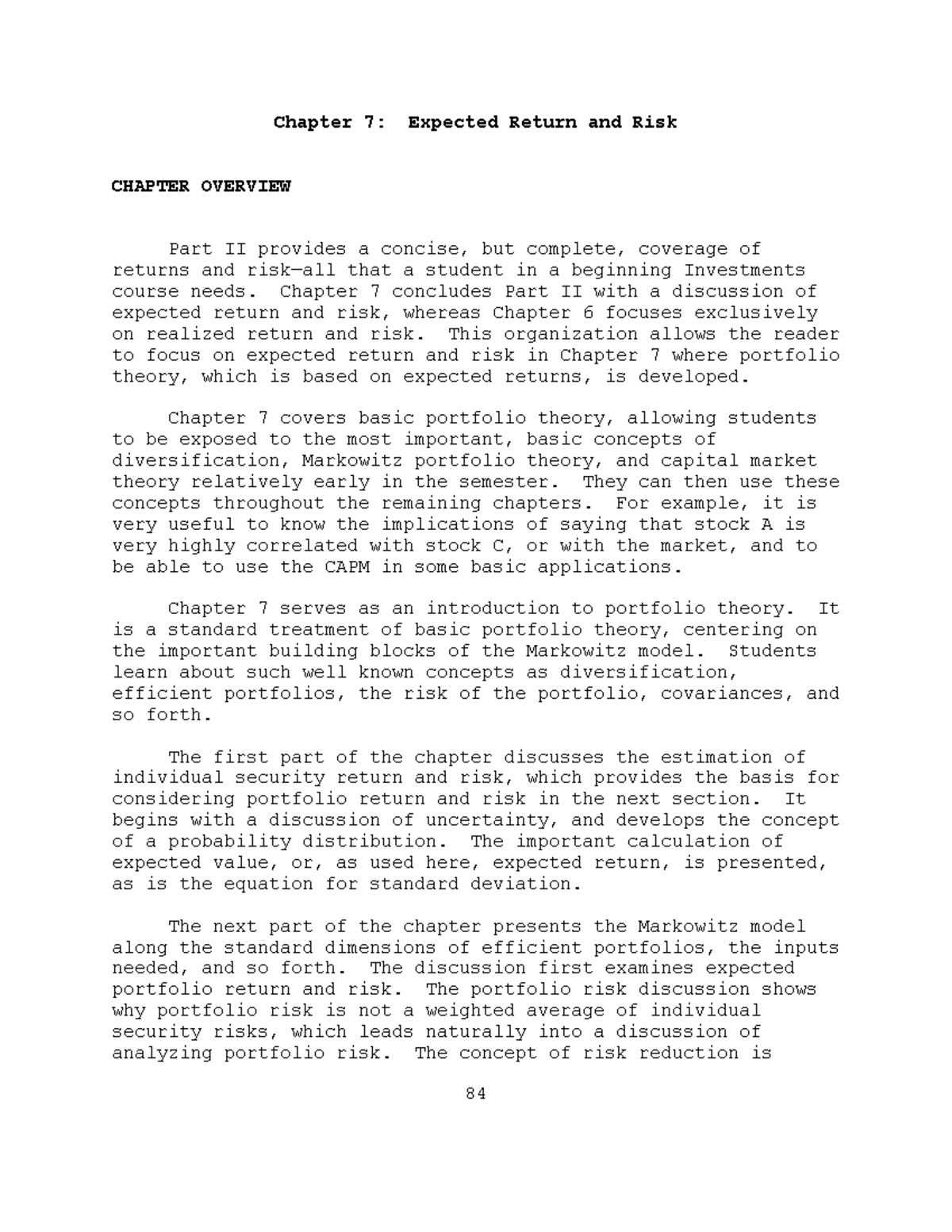 64788646 Solution ch07 Charles p Jones - Chapter 7: Expected Return and Risk CHAPTER OVERVIEW ...