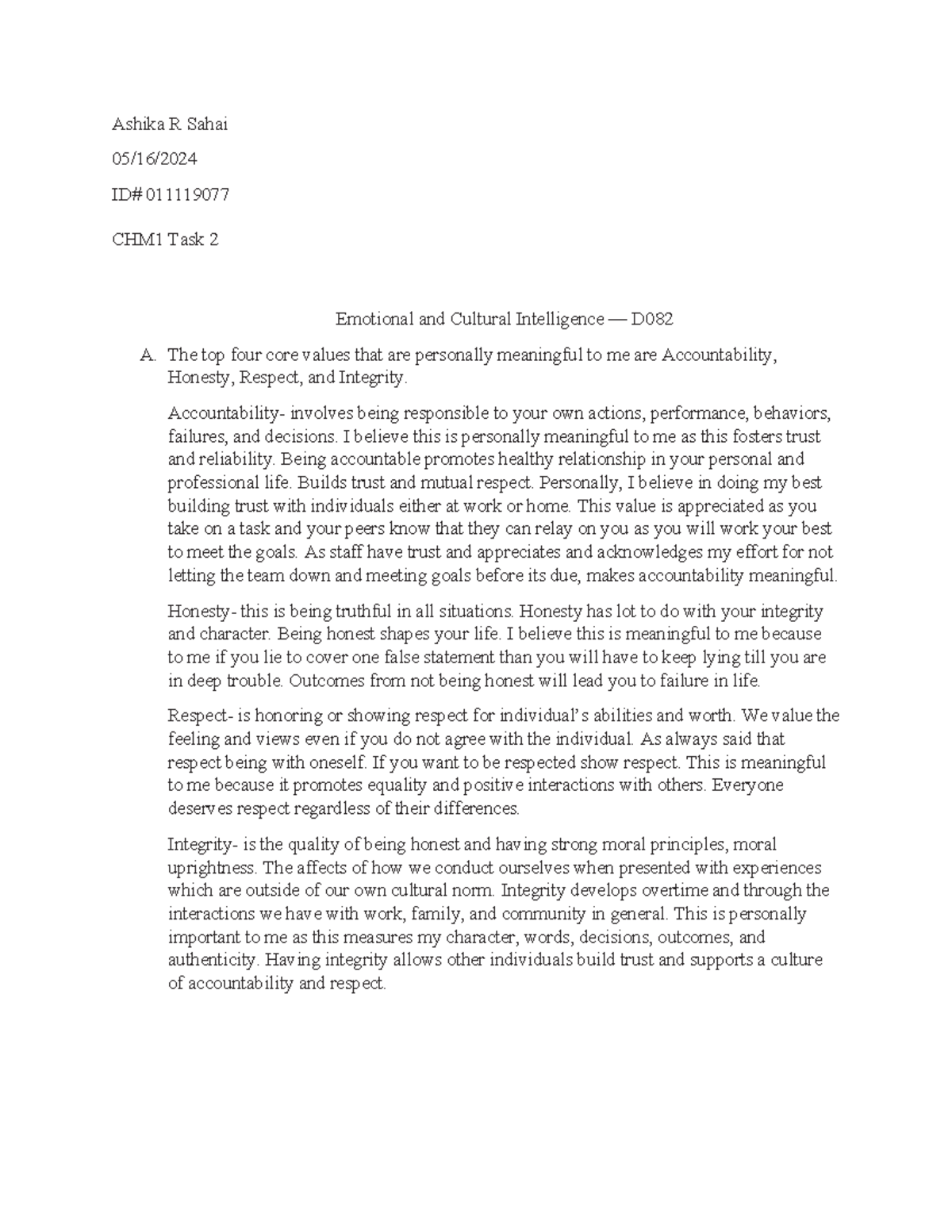 D082 Task2 - Ashika R Sahai 05/16/ ID# 011119077 CHM1 Task 2 Emotional ...