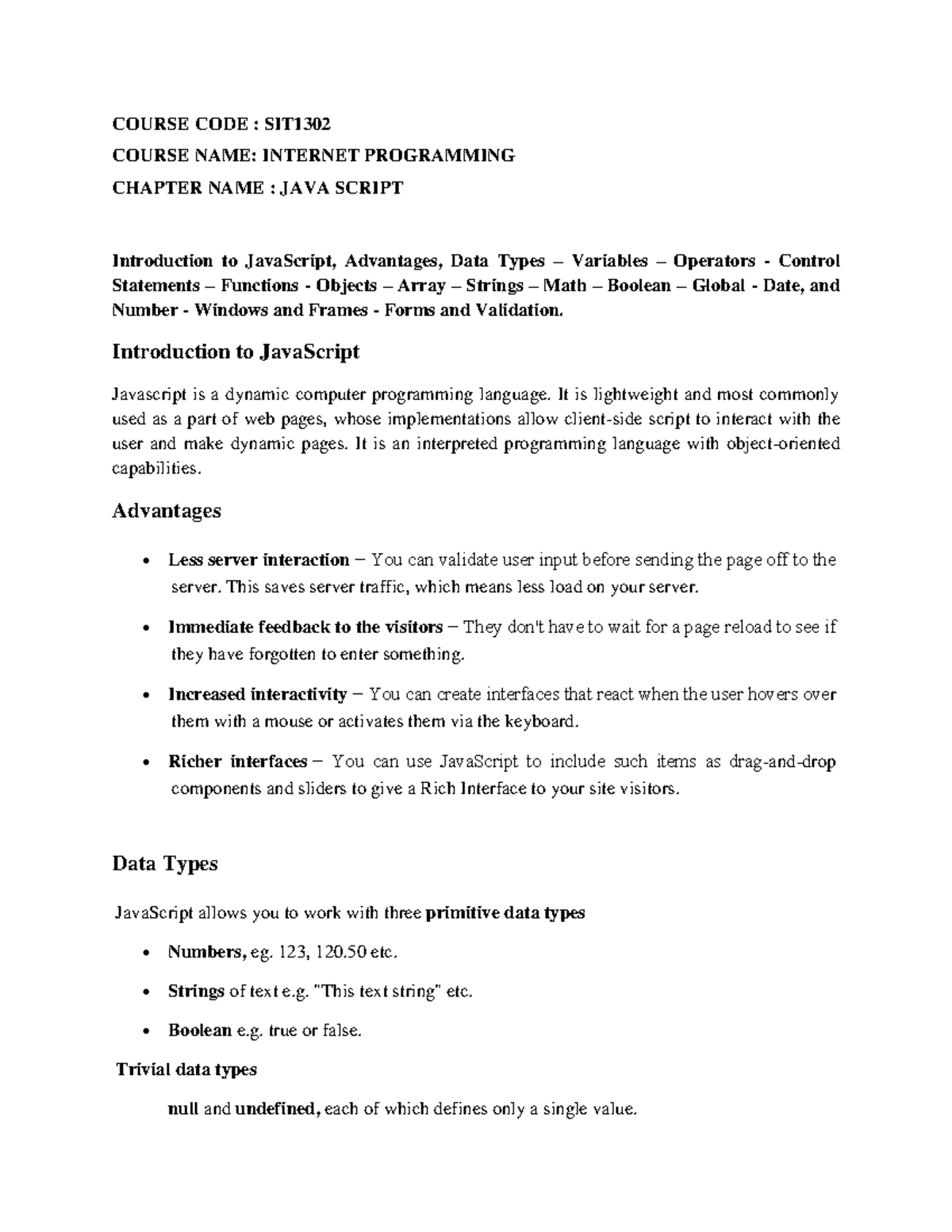 Unit2 Introduction Of Javascriptadvantagesdata Typesvariable