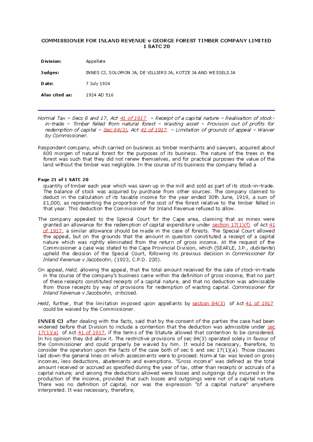 CIR v George Forrest Timber Co Ltd [1924] AD 516 - COMMISSIONER FOR ...