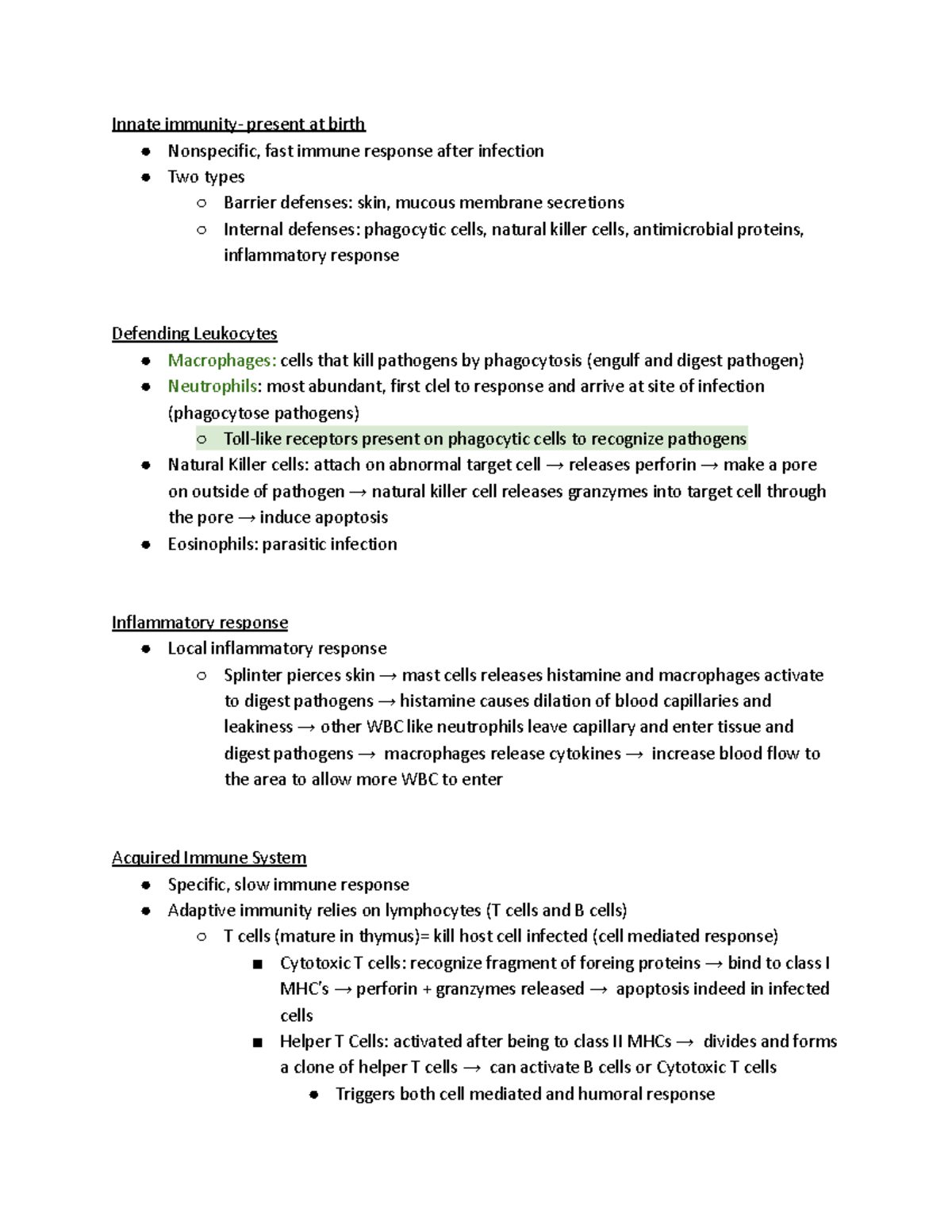 Bio Recitation Week 4 Lecture Notes - Innate immunity- present at birth ...