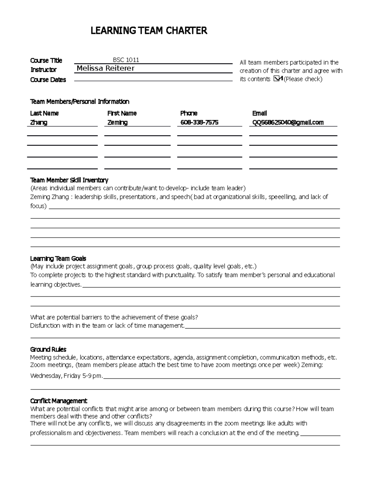 Team Charter Biodiversity - LEARNING TEAM CHARTER Course Title BSC 1011 ...