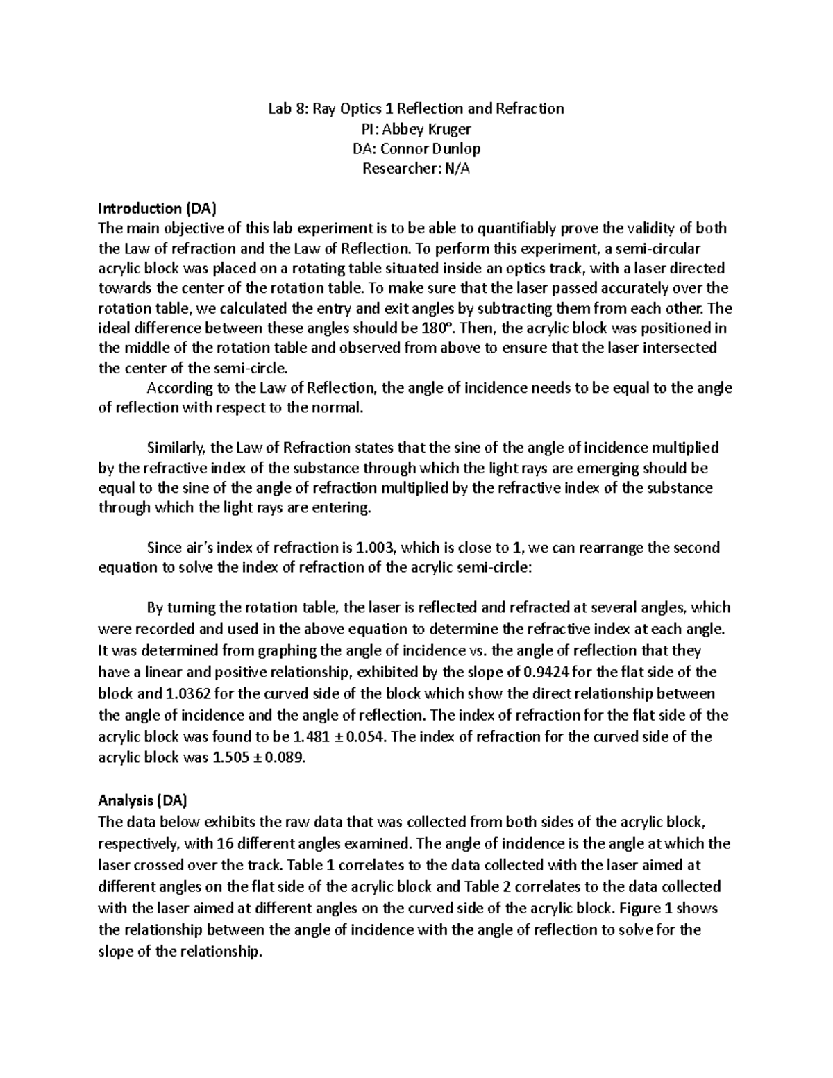 PHY 213- Lab 8 report - Tim Gorringe - Lab 8: Ray Optics 1 Reflection and Refraction PI: Abbey ...