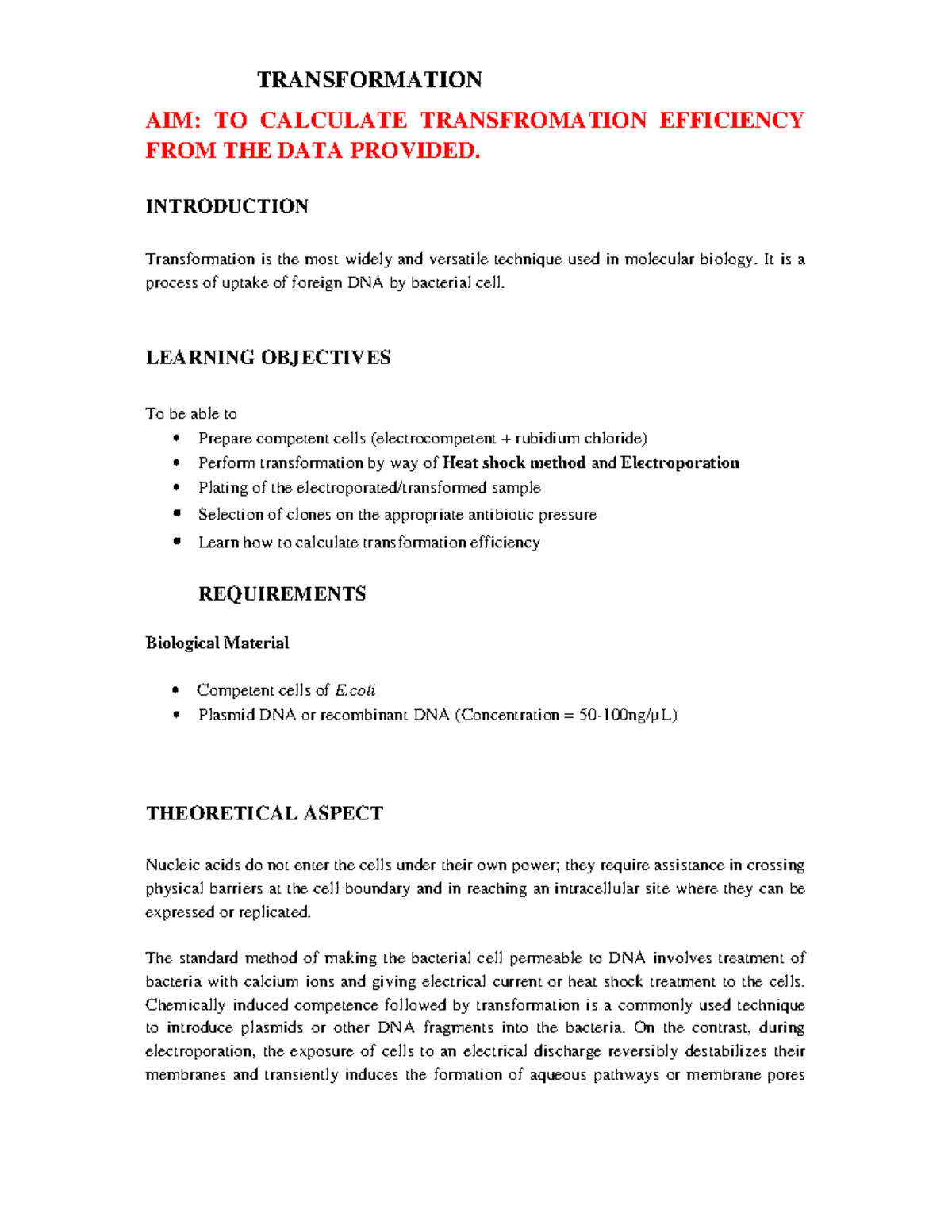 ACB Transformation Efficiency Practical - AIM: TO CALCULATE ...