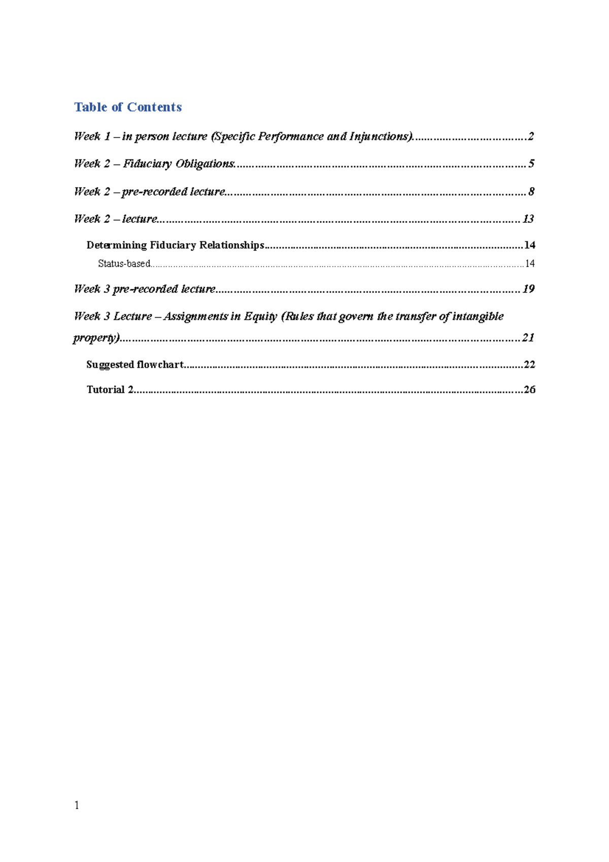 Equity lectures and tutorials - Table of Contents Week 1 – in person lecture (Specific ...