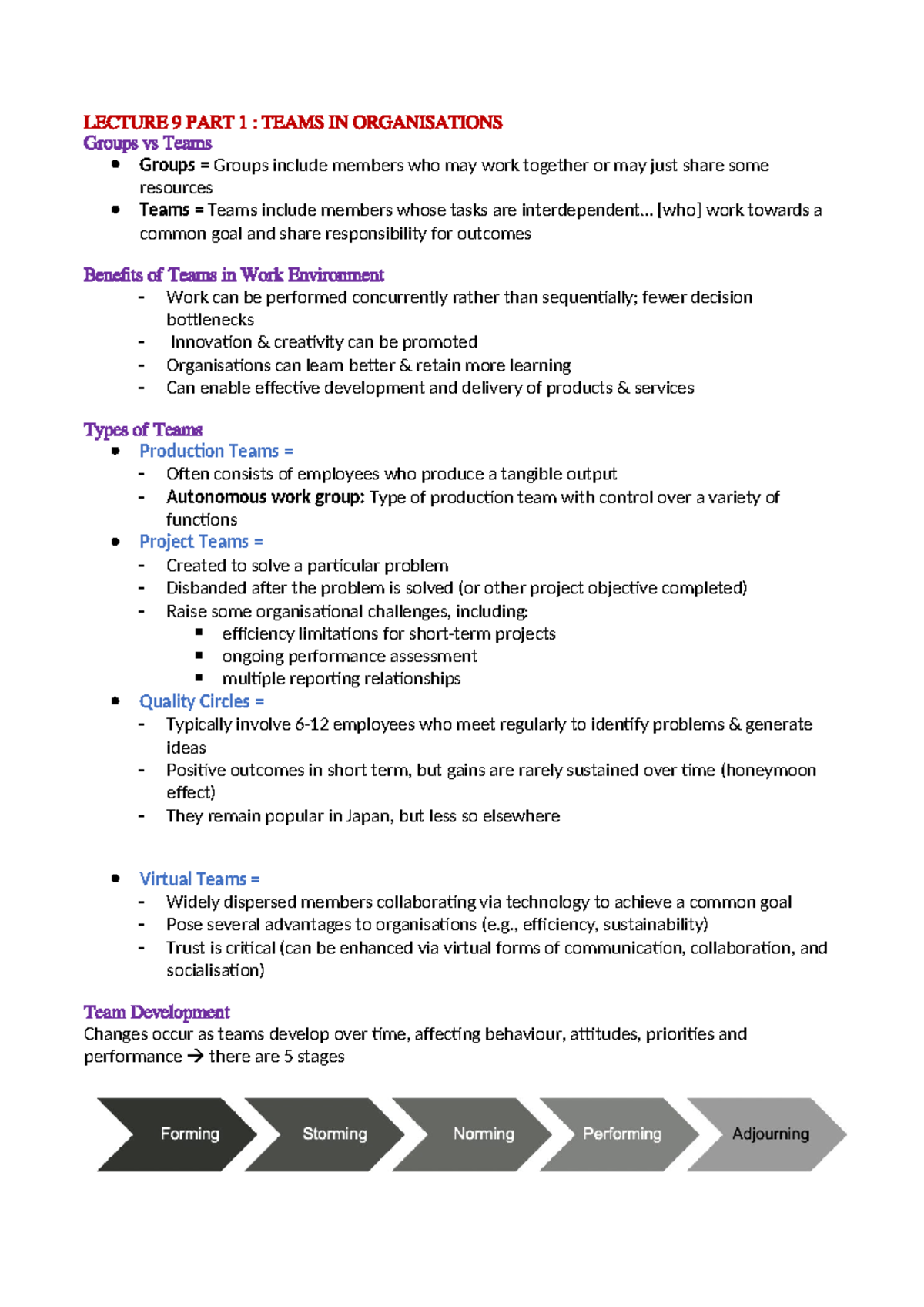 Lecture 9-12 - LECTURE 9 PART 1 : TEAMS IN ORGANISATIONS Groups vs Teams Groups = Groups include ...