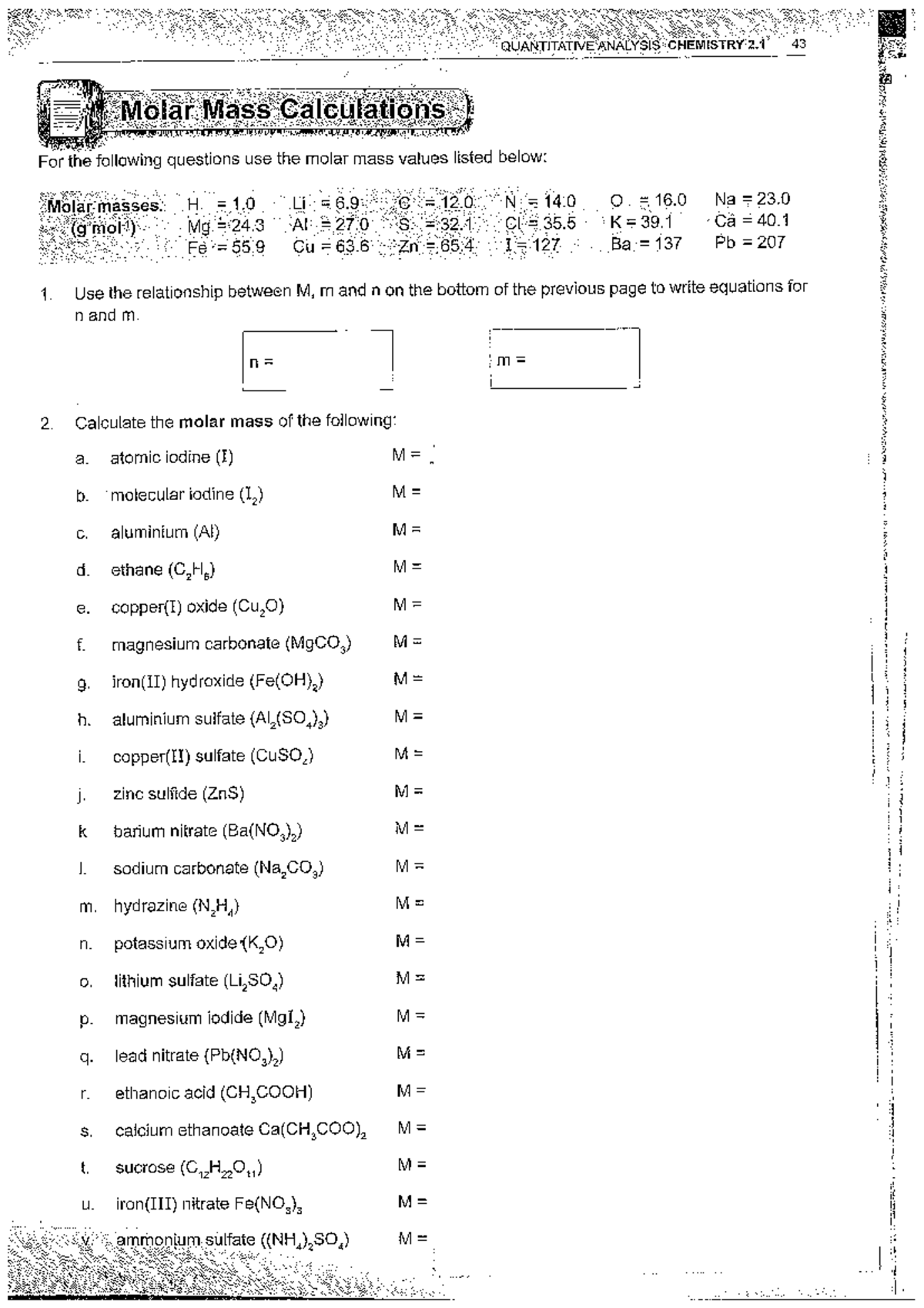 Molar MASS Calculations PG 1 - Chemestry - Studocu