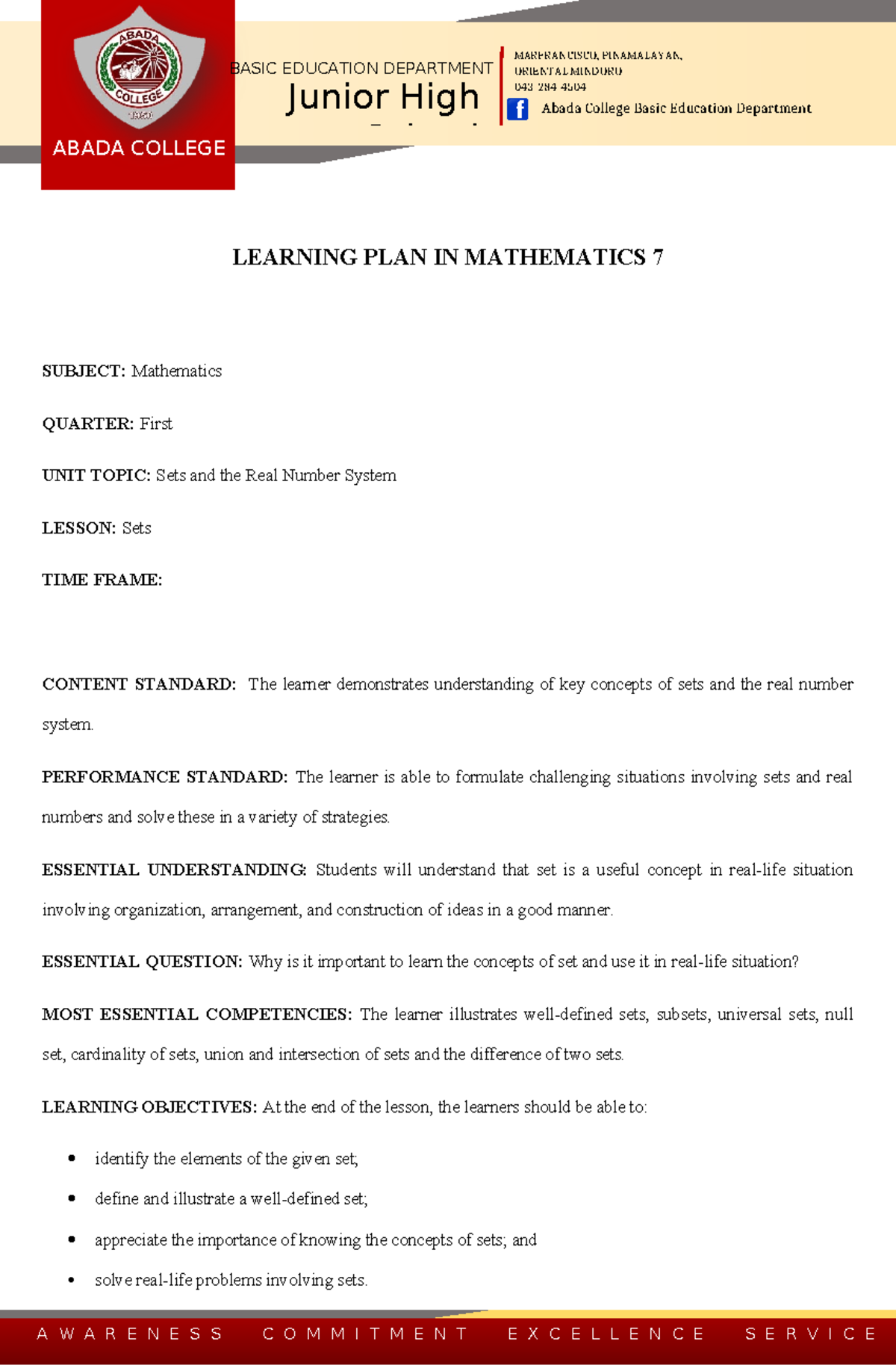 LP draft - ... - LEARNING PLAN IN MATHEMATICS 7 SUBJECT: Mathematics ...