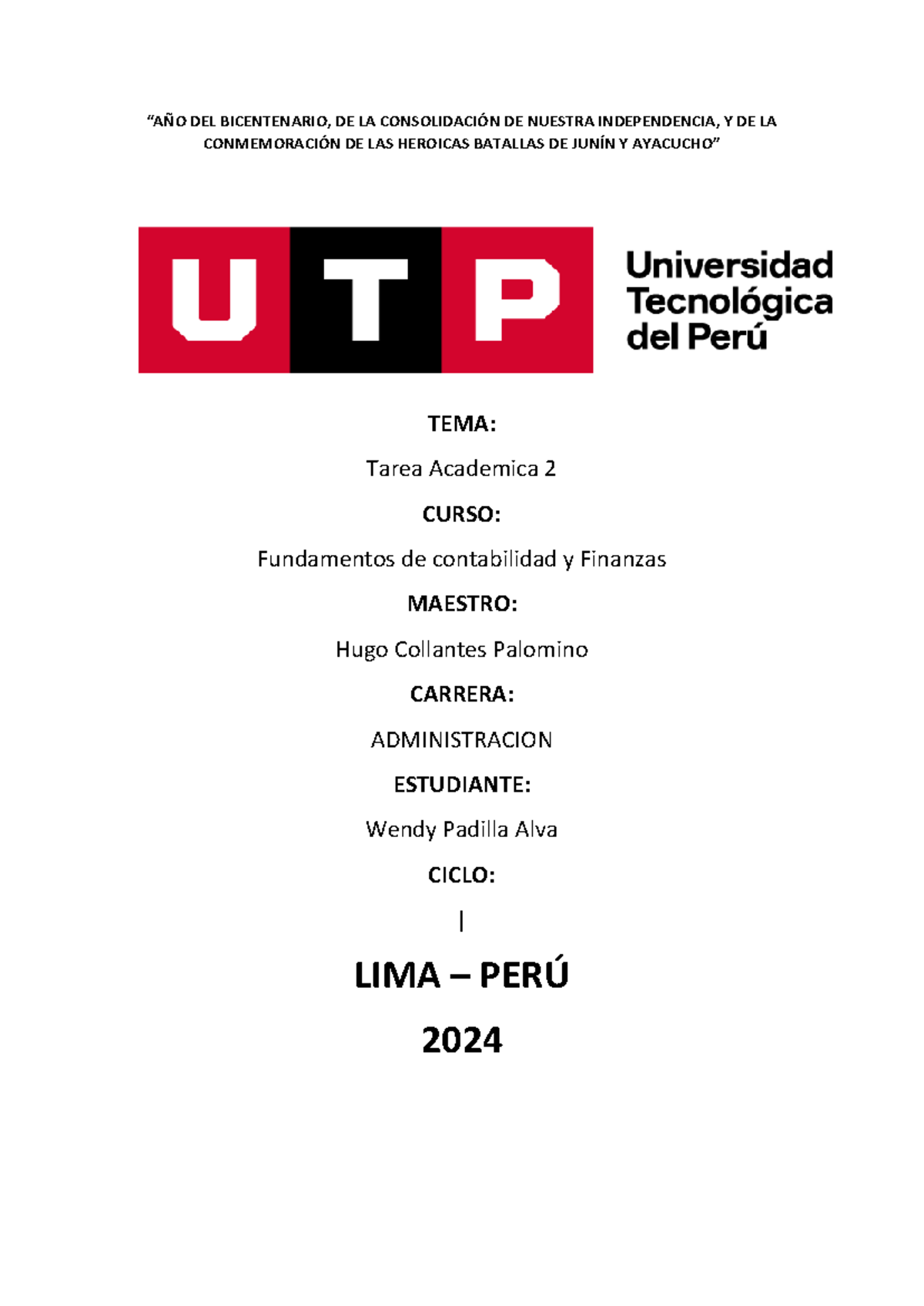 Caratula UTP - hola - ciclo contable - “AÑO DEL BICENTENARIO, DE LA ...