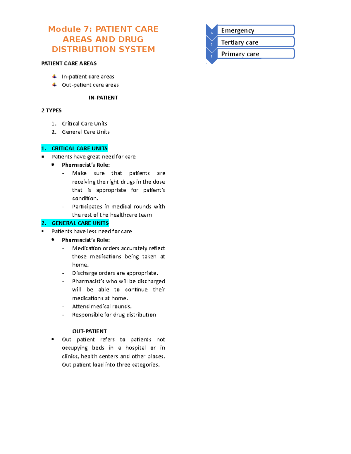 PHOS- Module-7 - Notes - Module 7: PATIENT CARE AREAS AND DRUG ...