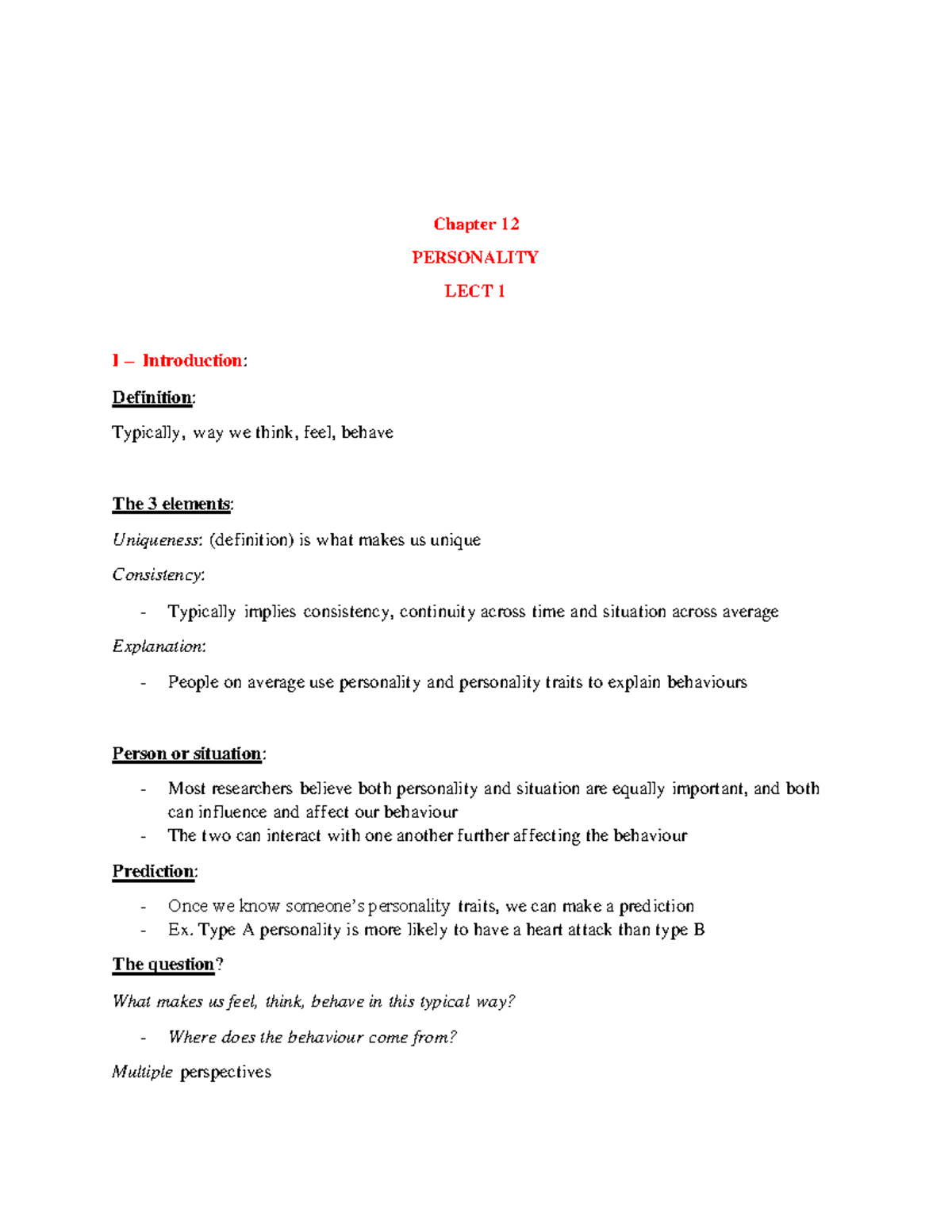 Ch12 personality 1 - Chapter 12 PERSONALITY LECT 1 I – Introduction ...