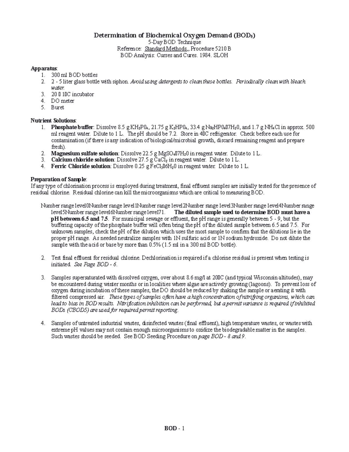 BOD Procedure - Determination of Biochemical Oxygen Demand (BOD 5 ) 5 ...