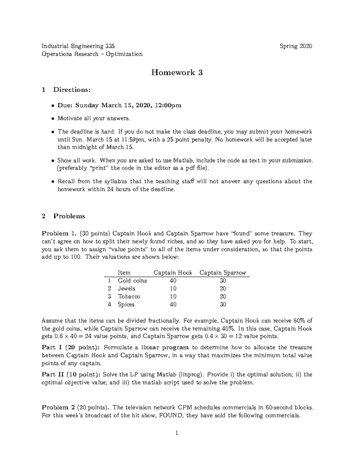 Homework 3 Solution - Industrial Engineering 335 Spring 2020 Operations ...