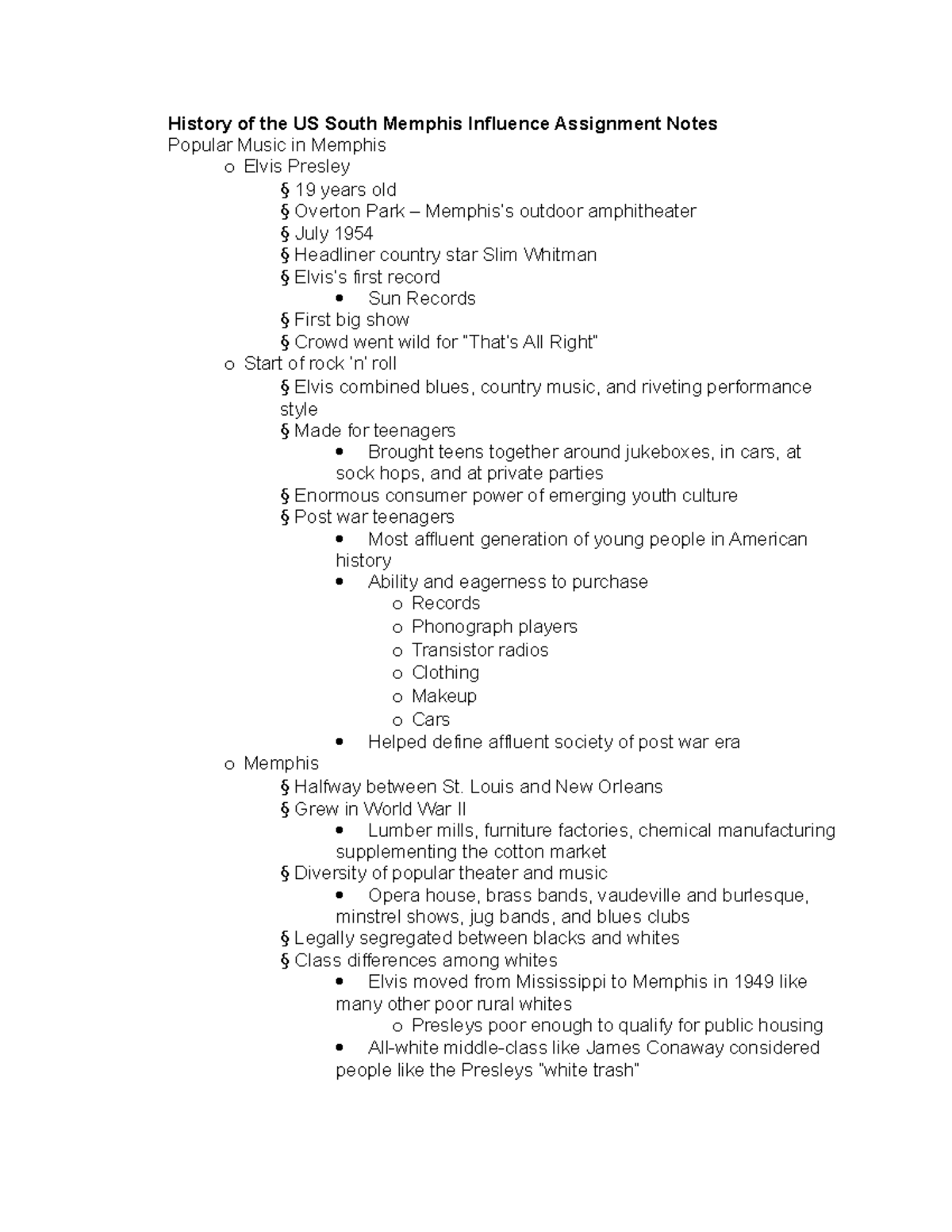 History of the US South Memphis Influence Assignment Notes - Louis and ...