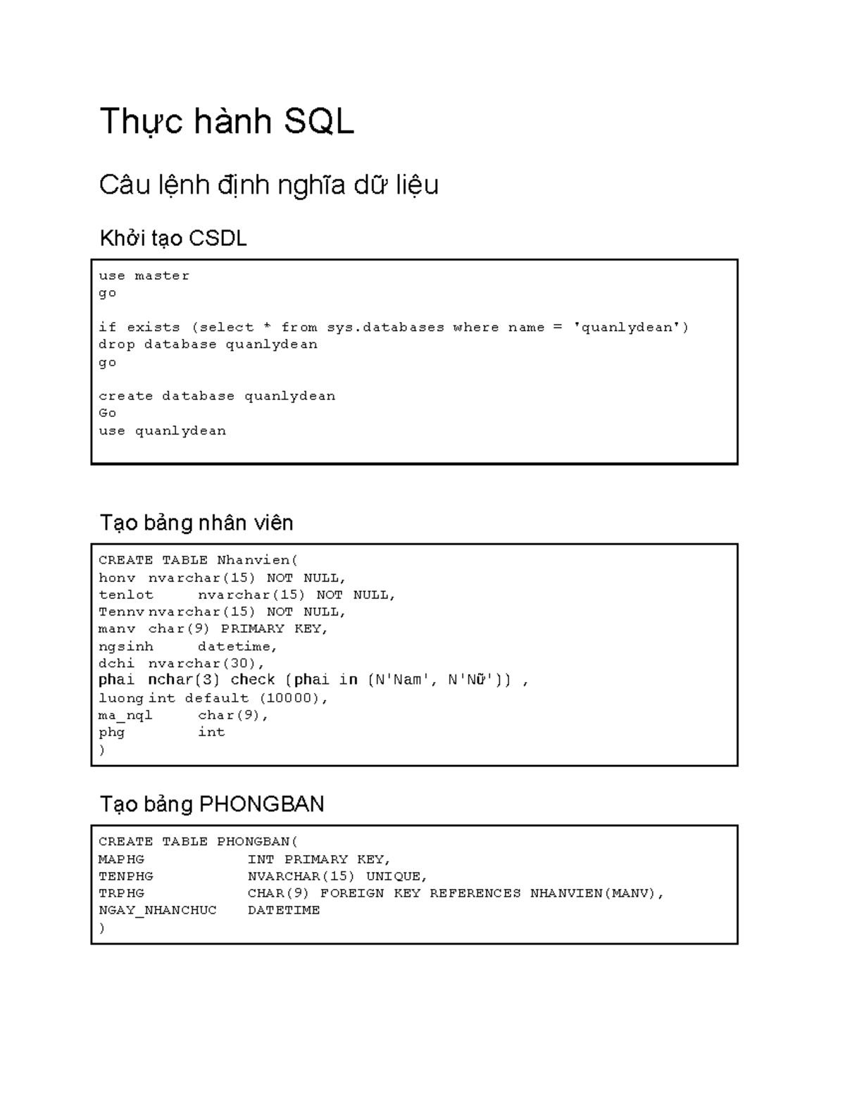 Thực hành SQL - Thực hành - Thực hành SQL Câu lệnh định nghĩa dữ liệu ...