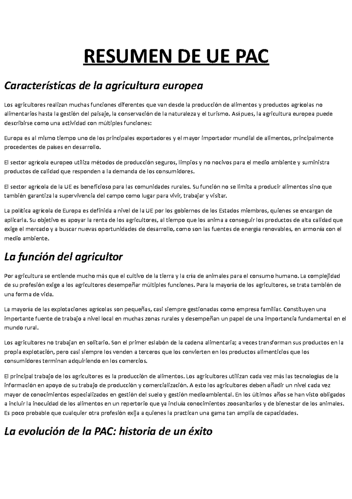 Resumen UE Pac - RESUMEN DE UE PAC Características de la agricultura ...