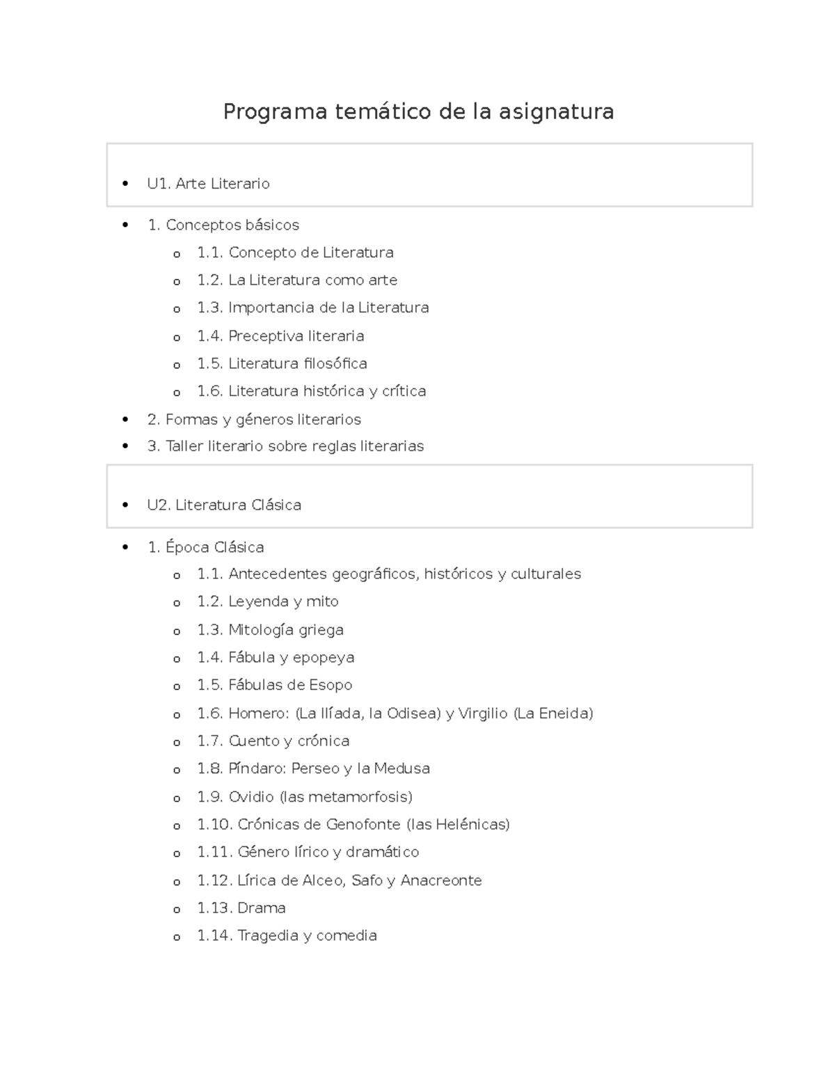 Temario - Programa temático de la asignatura U1. Arte Literario 1. Conceptos básicos o 1. - Studocu