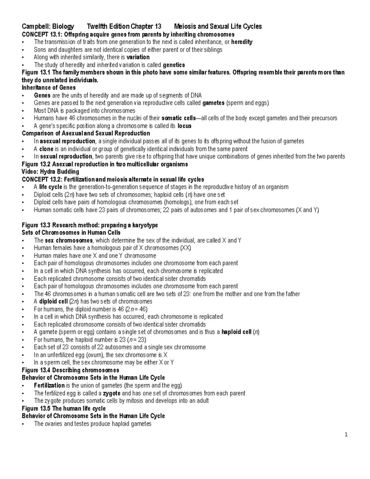 Notes 13 Meiosis And Sexual Life Cycles Campbell Biology Twelfth