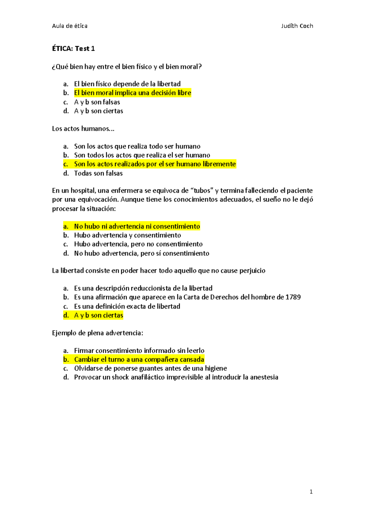 Tests para Practicar Aula de Ética - É TICA: Test 1 ¿Qué bien hay entre ...