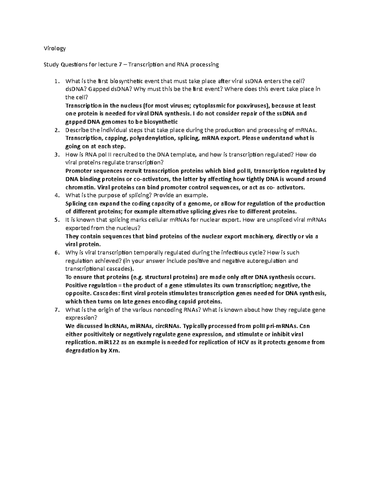 Virology Study Questions for lecture 7 – Transcription and RNA ...