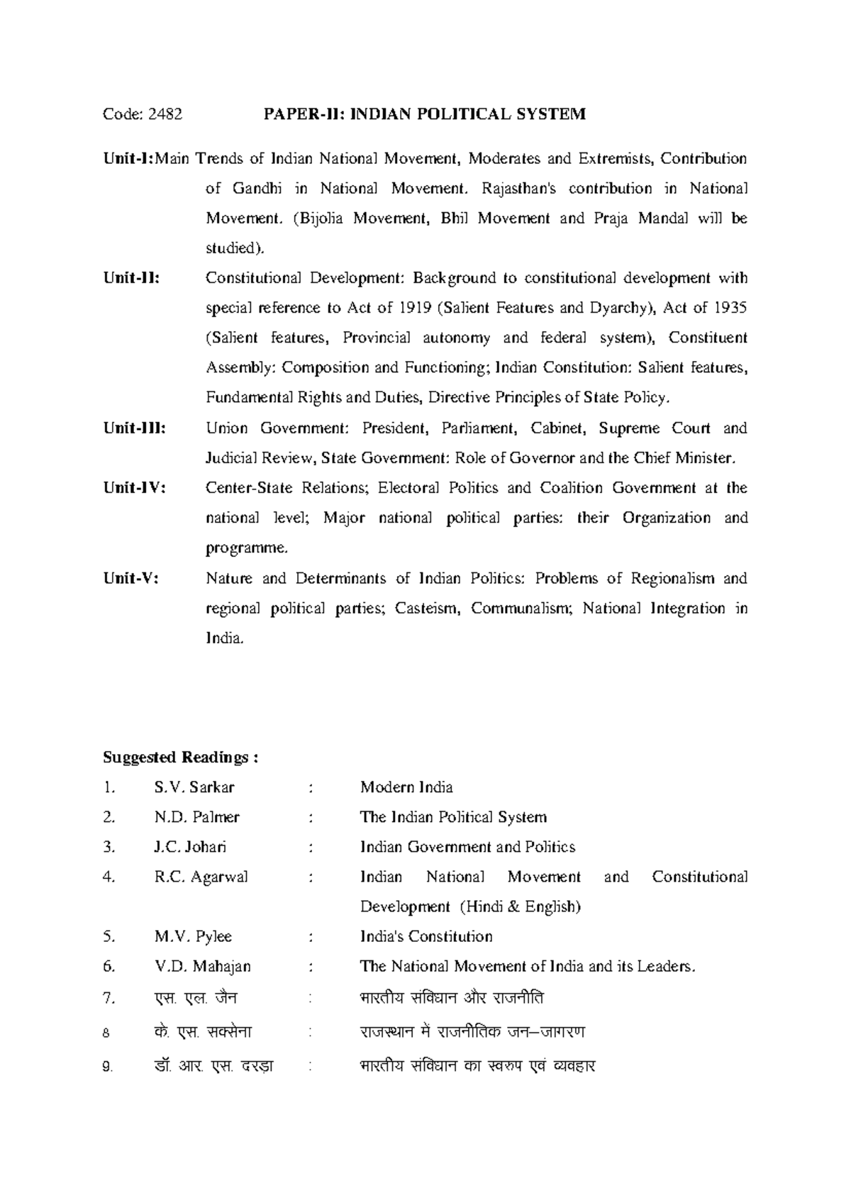 2482 - Games - Code: 2482 PAPER-II: INDIAN POLITICAL SYSTEM Unit-I ...
