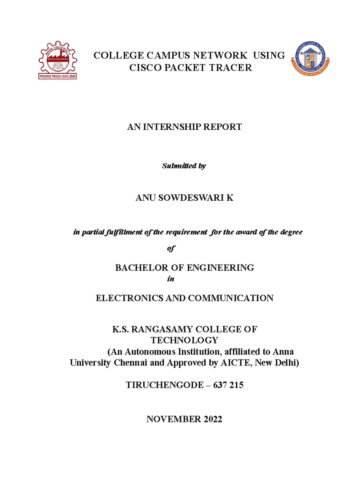 Anu cisco report final - EASY - COLLEGE CAMPUS NETWORK USING CISCO ...