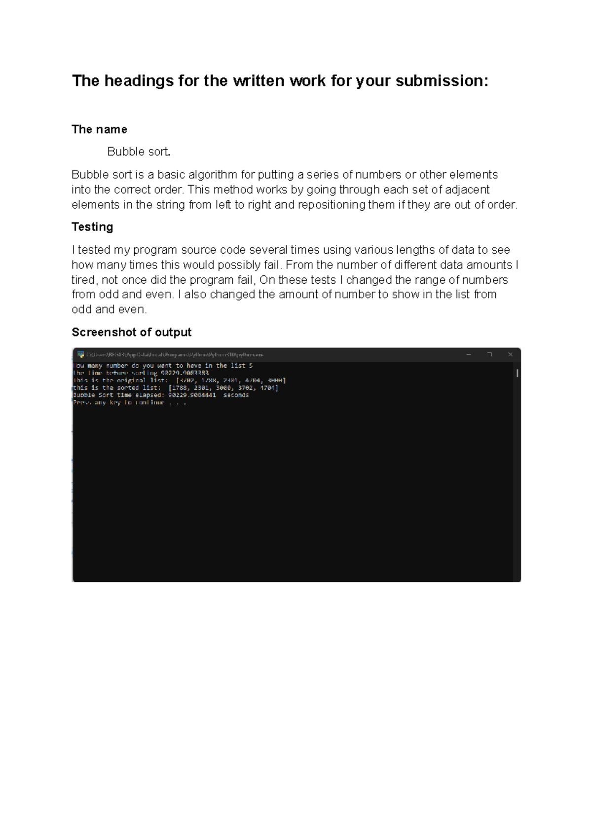 Bubble sort with random number generator - The headings for the written ...