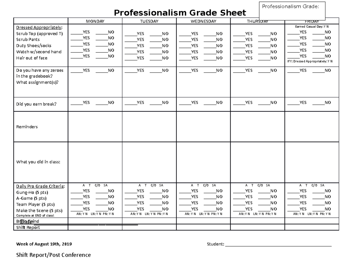Professionalism Grade Sheet - Professionalism Grade Sheet MONDAY ...