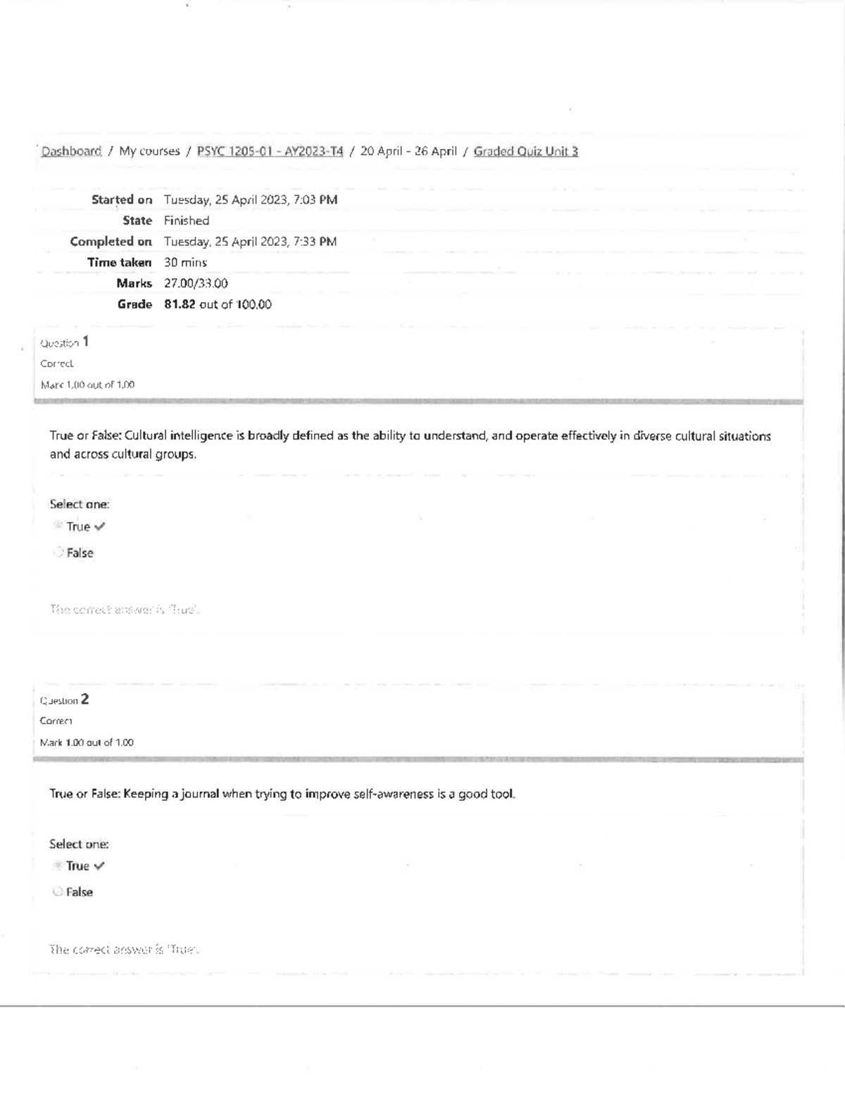 Graded Quiz Unit 3 Emotional Intelligence Psy - PSYC 1205-01 - Studocu