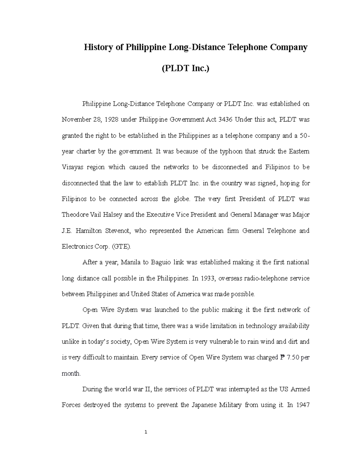 Company analysis - 1 History of Philippine Long-Distance Telephone ...