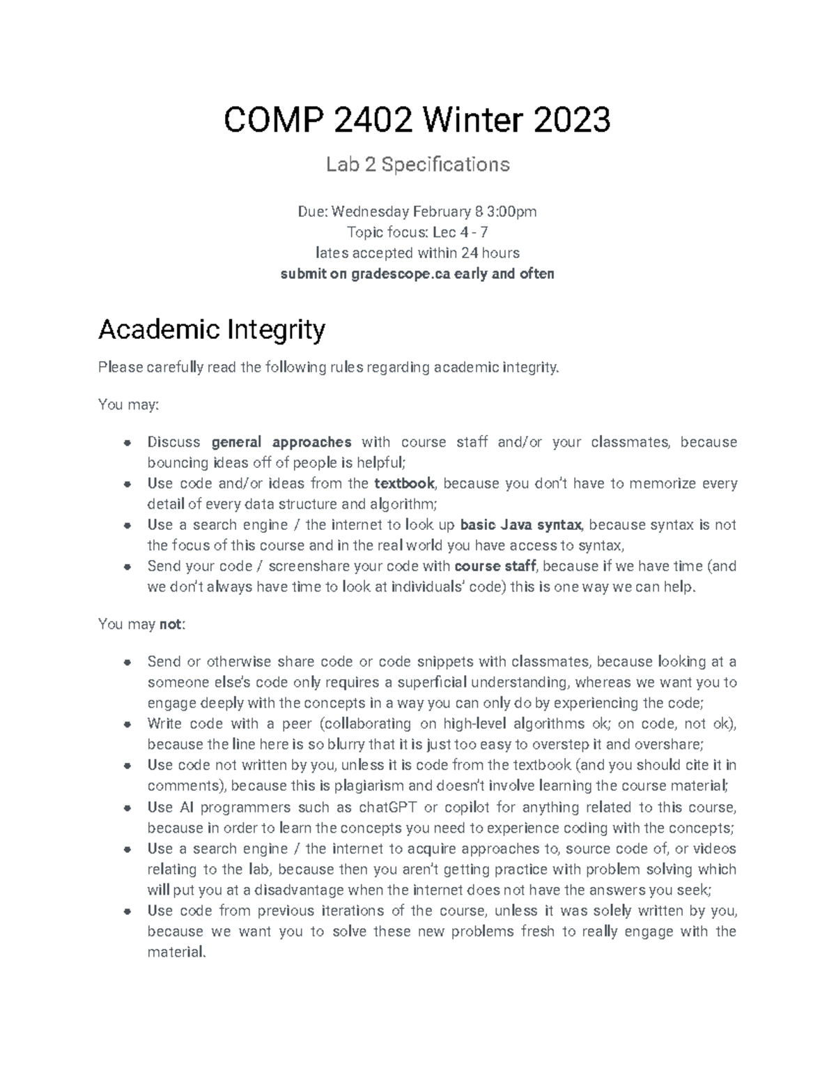 Lab 2 COMP 2402W23 - COMP 2402 Winter 2023 Lab 2 Specifications Due ...