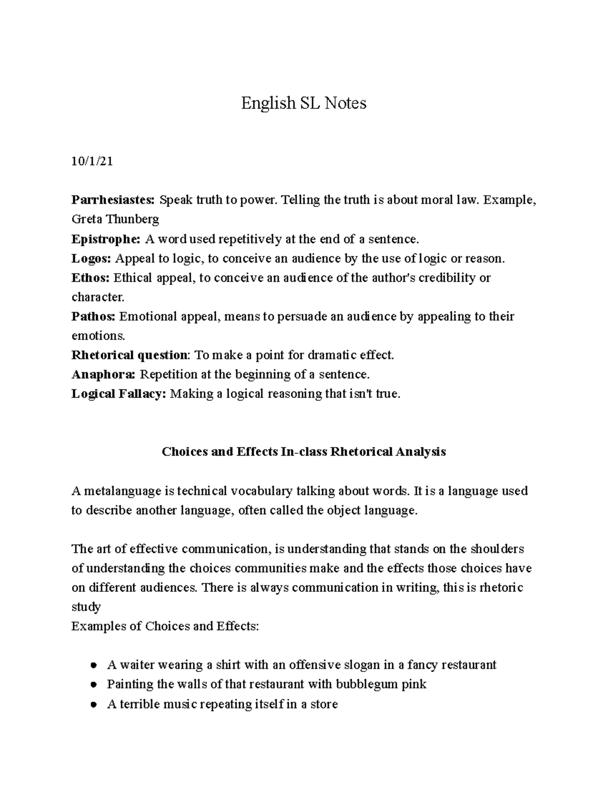 1English SL Notes - English SL Notes 10/1/ Parrhesiastes: Speak truth ...