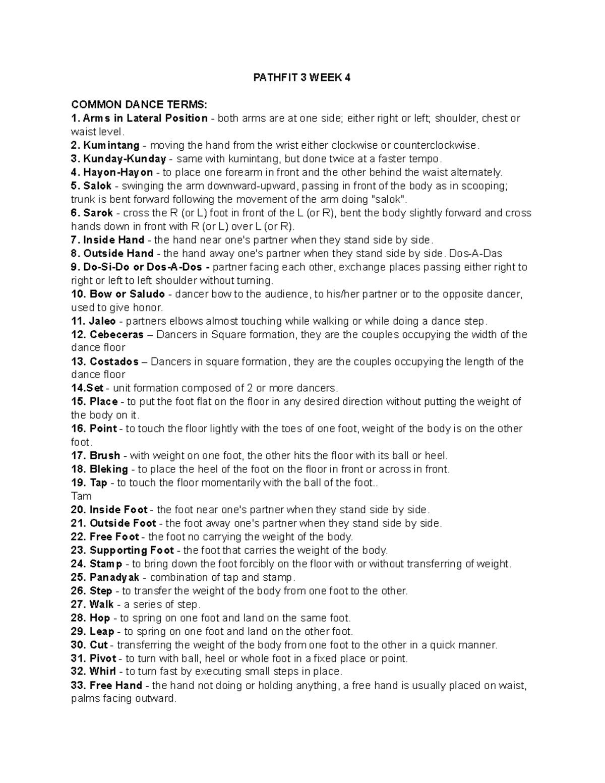Common- Dance- Terms - PATHFIT 3 WEEK 4 COMMON DANCE TERMS: Arms in ...